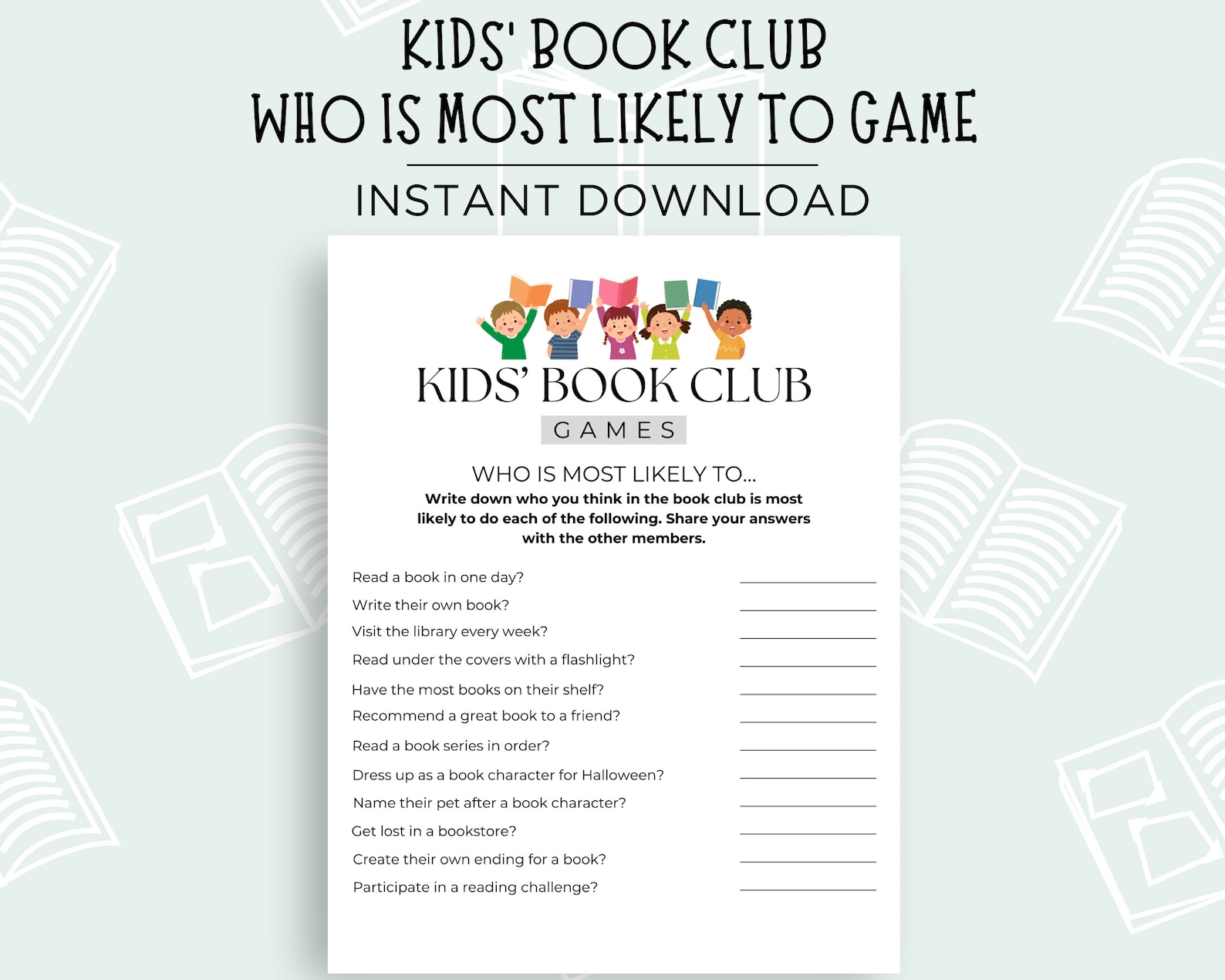 Kids Book Club Who is Most Likely Game, Kids Book Club Icebreaker Game ...