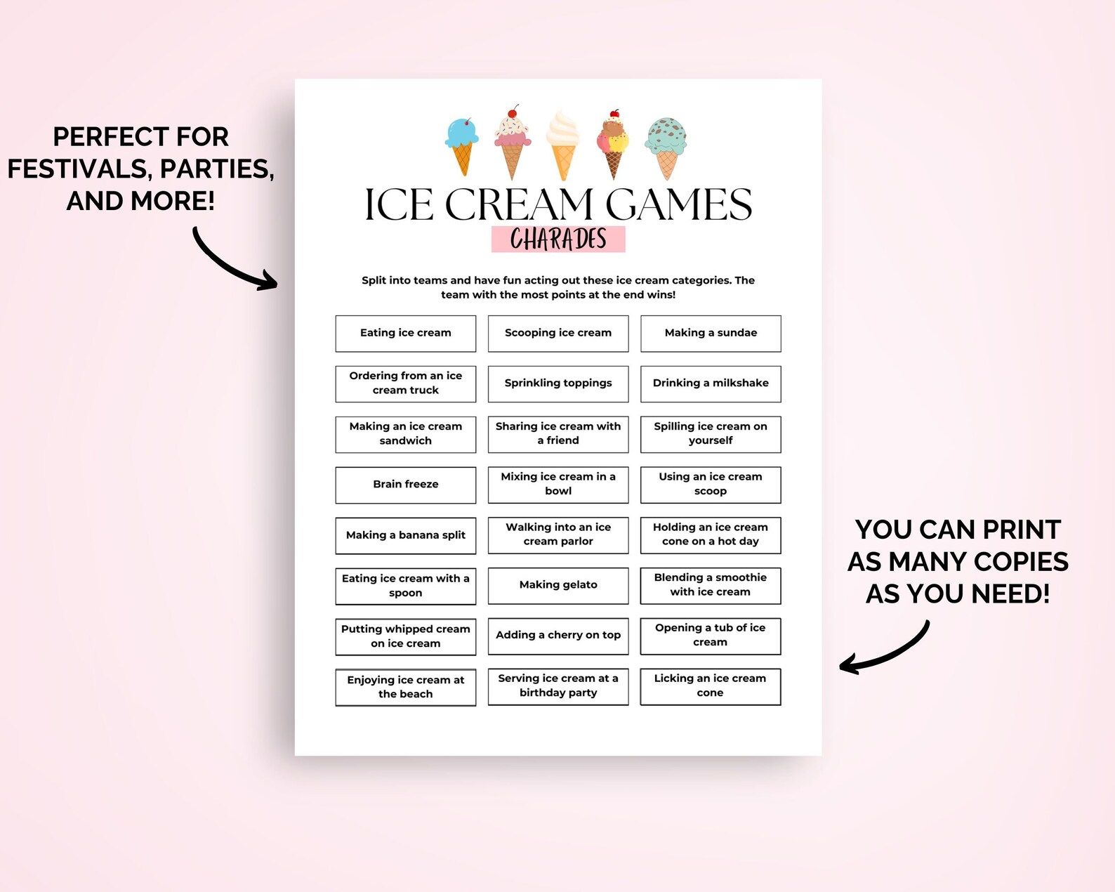 Ice Cream Charades Game, Printable Charades Game, Ice Cream Game, Ice ...