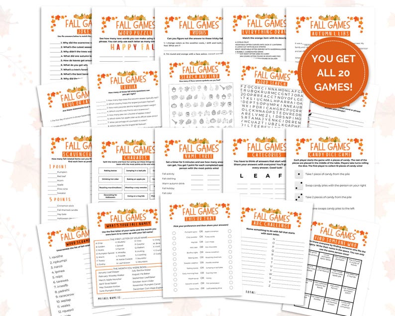 Fall Games, Fall Game Bundle, Autumn Games for Kids and Adults, Fall ...