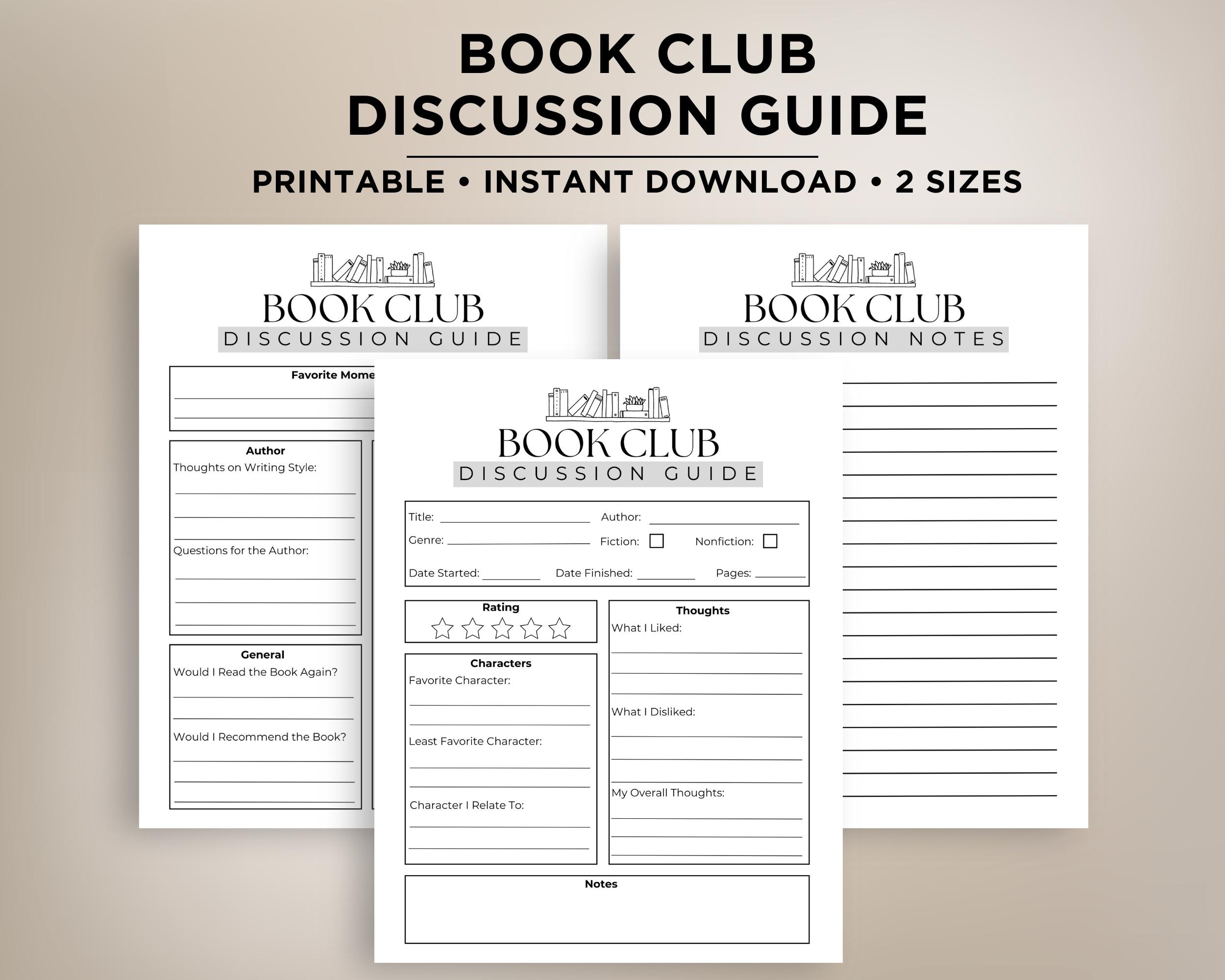 Book Club Discussion Guide, Book Review Guide, Book Club Printable ...