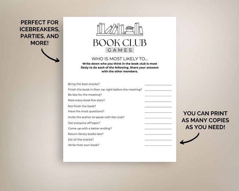 Book Club Who is Most Likely to Game, Book Club Icebreaker Game, Book ...