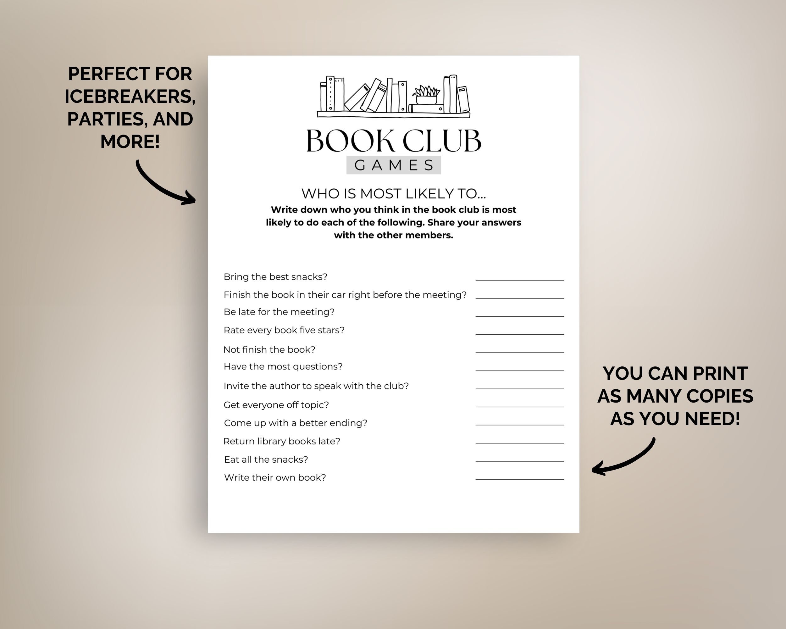 Book Club Who is Most Likely to Game, Book Club Icebreaker Game, Book ...