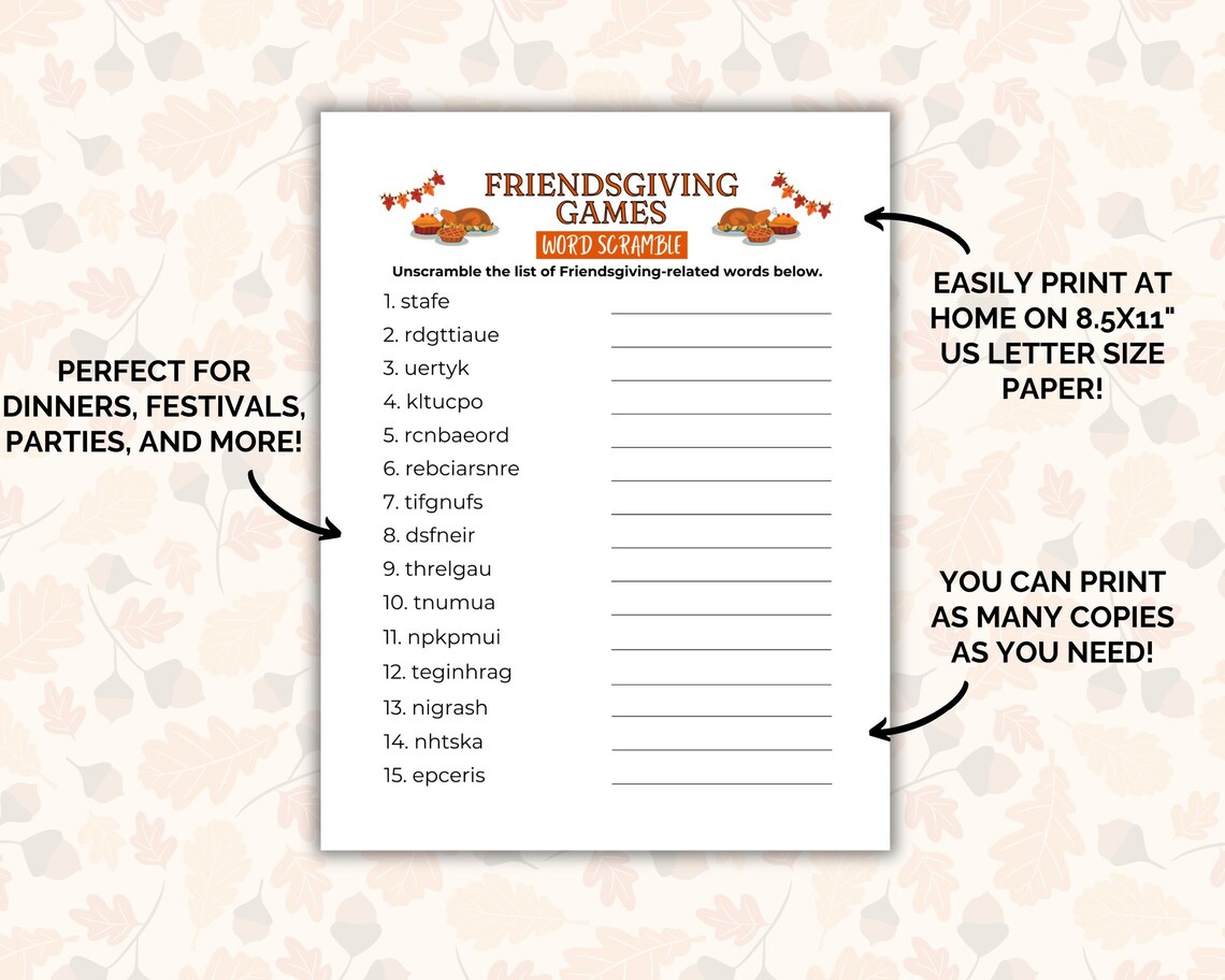 Friendsgiving Word Scramble, Friendsgiving Game, Word Scramble Game ...