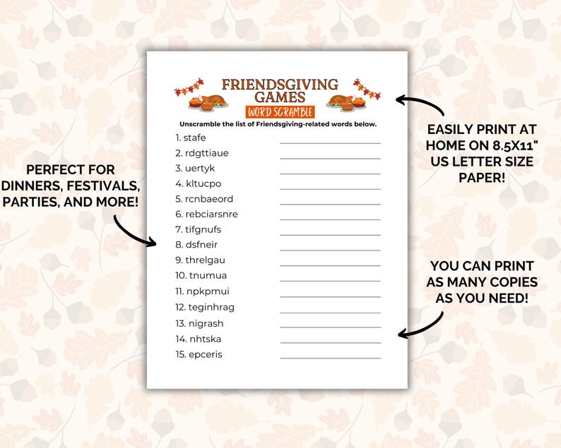 Friendsgiving Word Scramble, Friendsgiving Game, Word Scramble Game ...