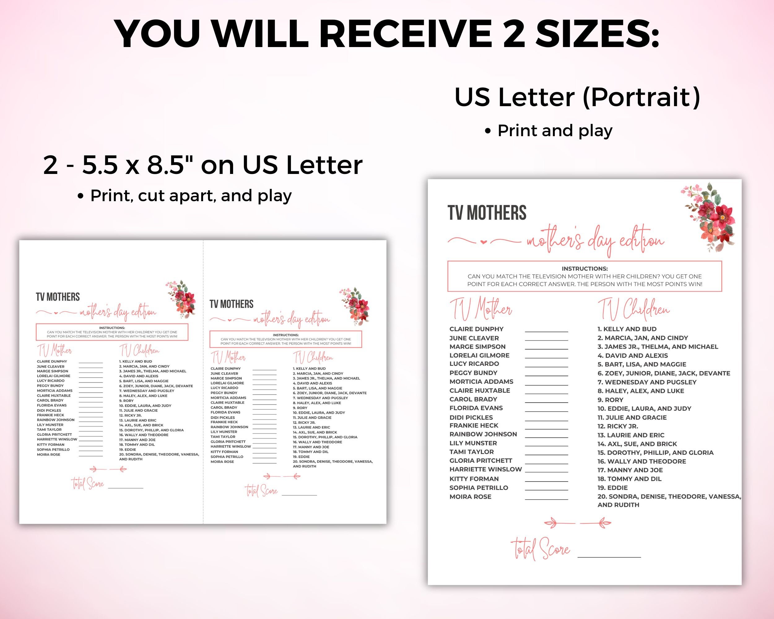 Mother's Day Television Mom Matching Game, Mother's Day Matching Game ...