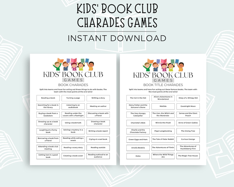 Kids Book Club Charades Game, Kids Book Club Icebreaker Game, Kids Book ...