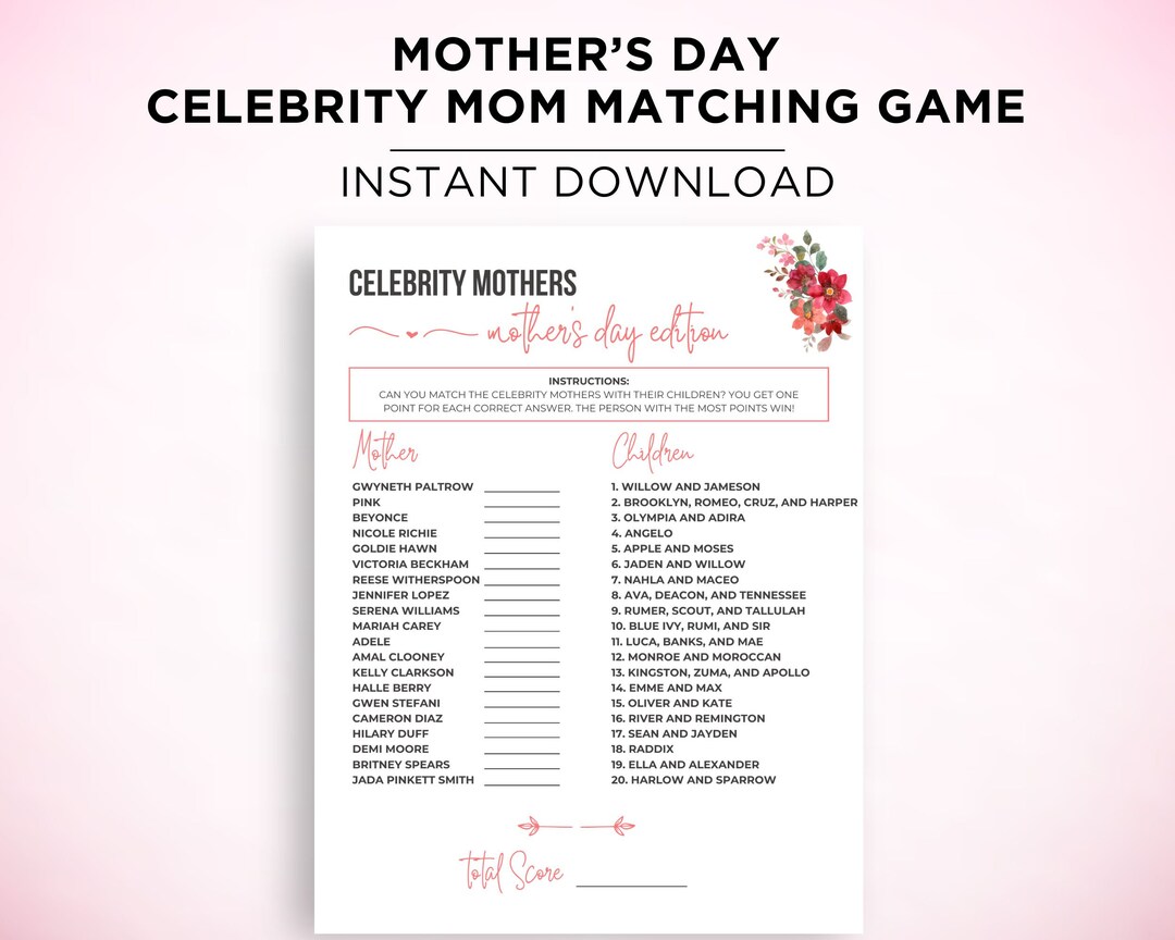 Mother's Day Celebrity Mom Matching Game, Mother's Day Matching Game ...