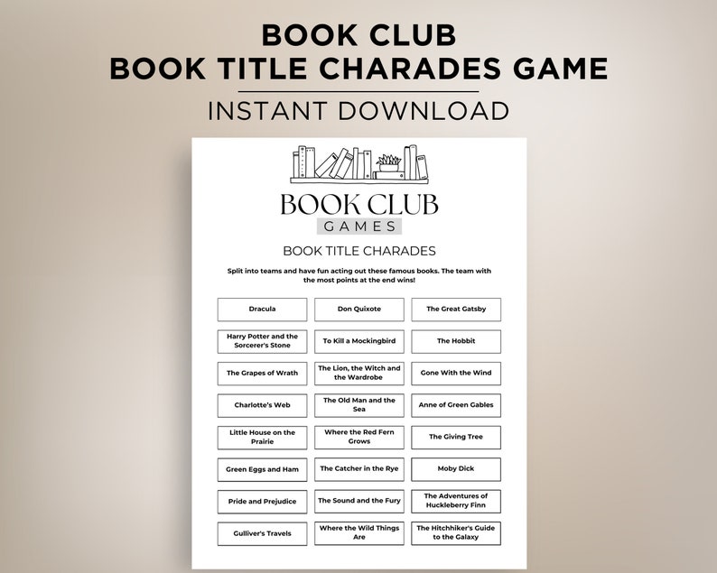 Book Club Book Title Charades Game, Book Club Icebreaker Game, Book ...