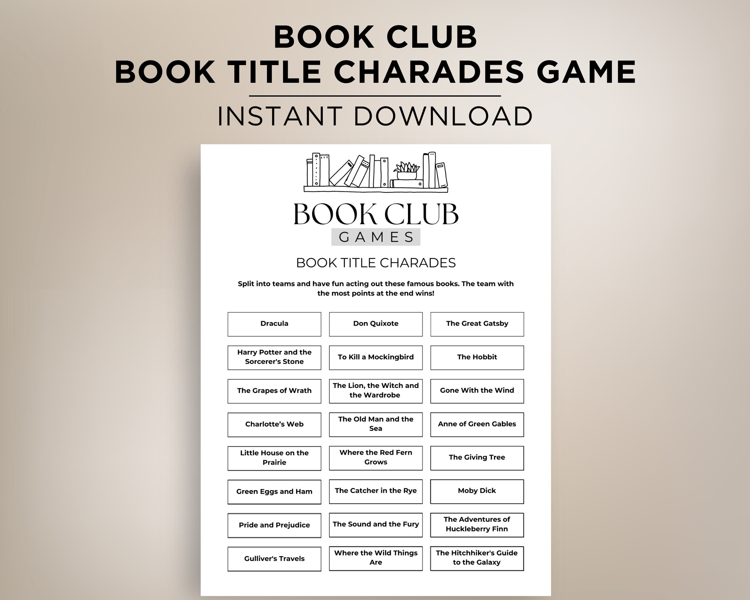 Book Club Book Title Charades Game, Book Club Icebreaker Game, Book ...
