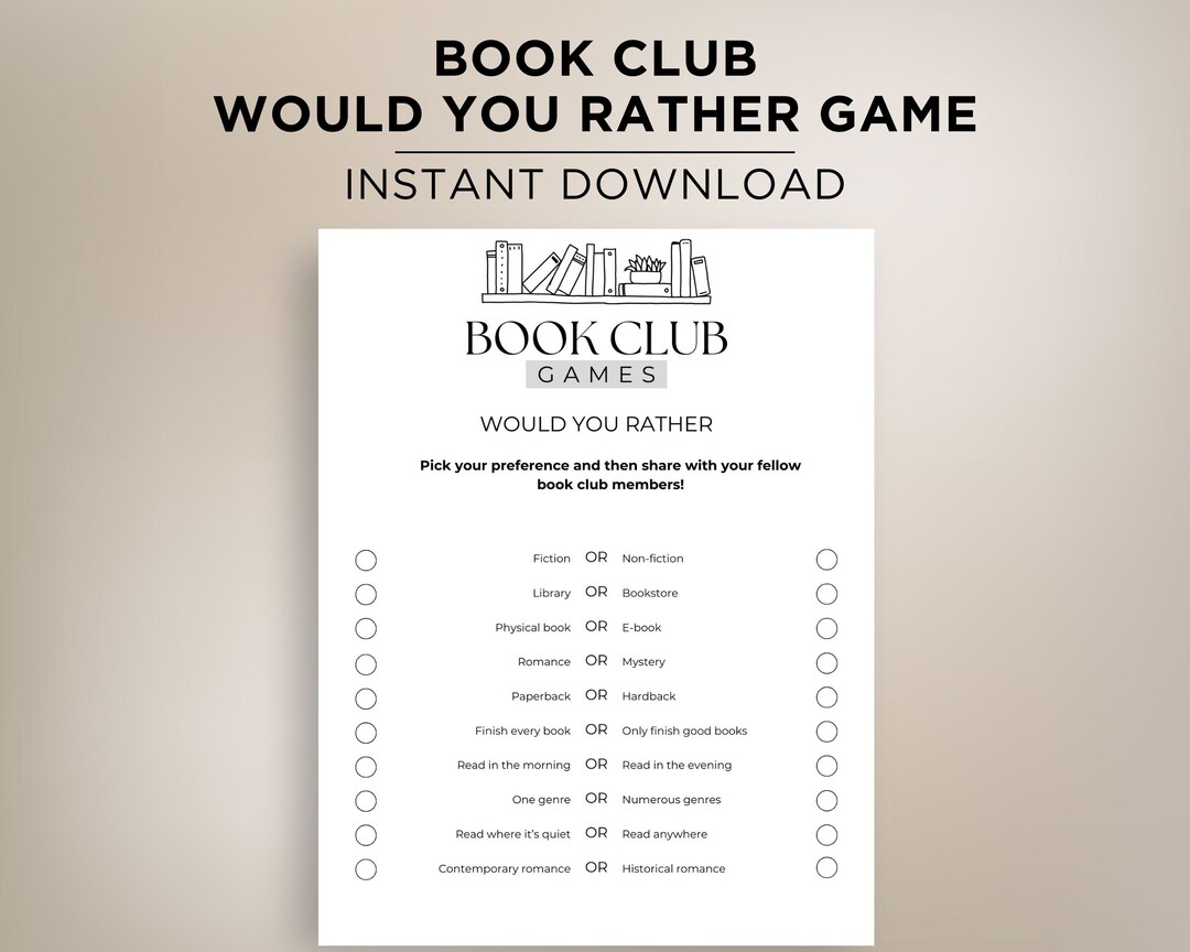 Book Club Would You Rather Game, Book Club Icebreaker Game, Book Club ...