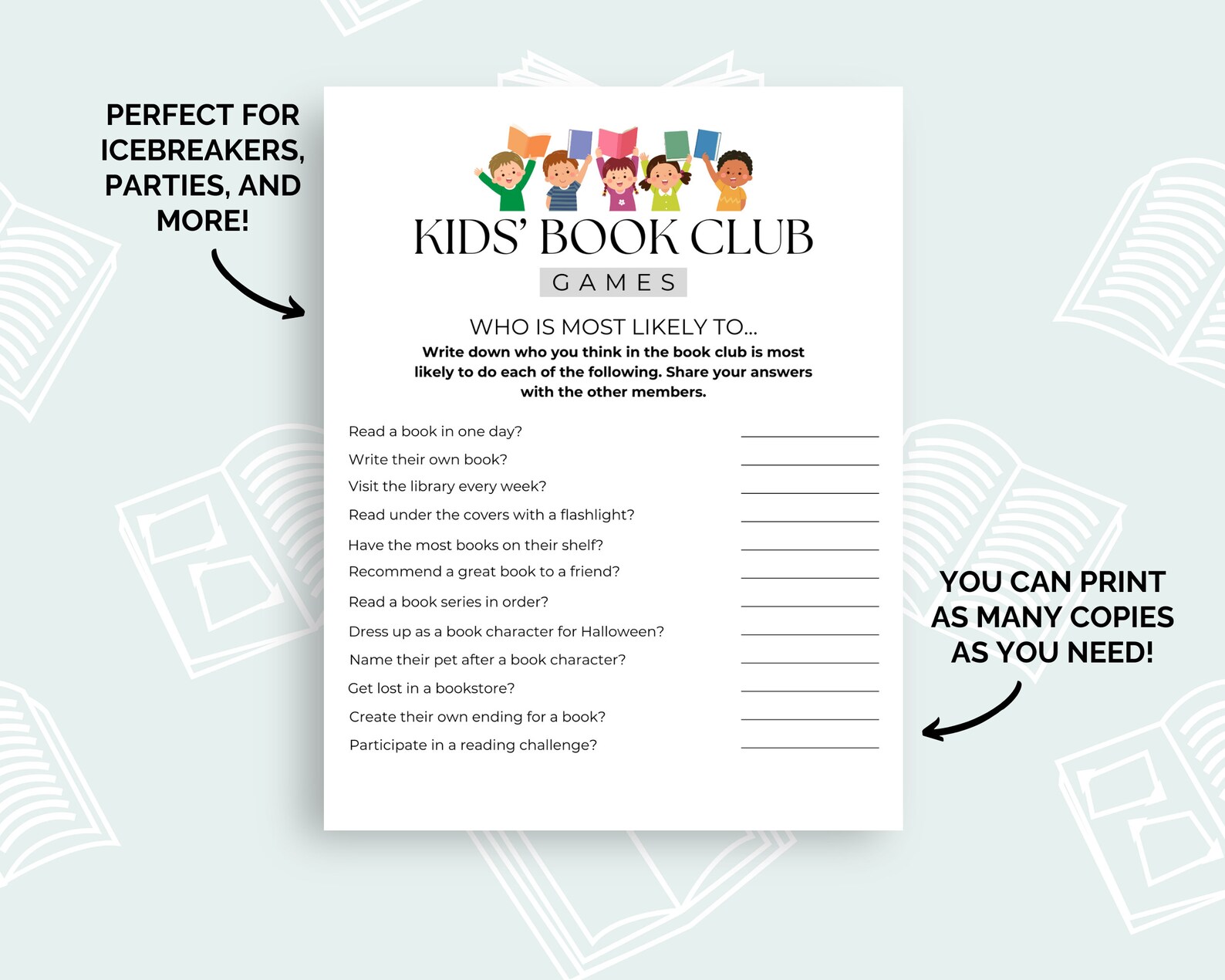 Kids Book Club Who is Most Likely Game, Kids Book Club Icebreaker Game ...