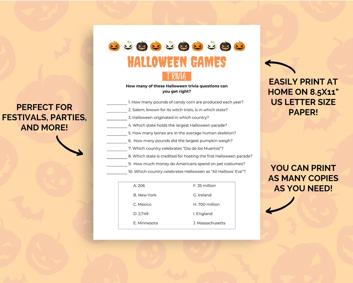 Halloween Trivia Game, Printable Halloween Trivia Activity, Spooky ...