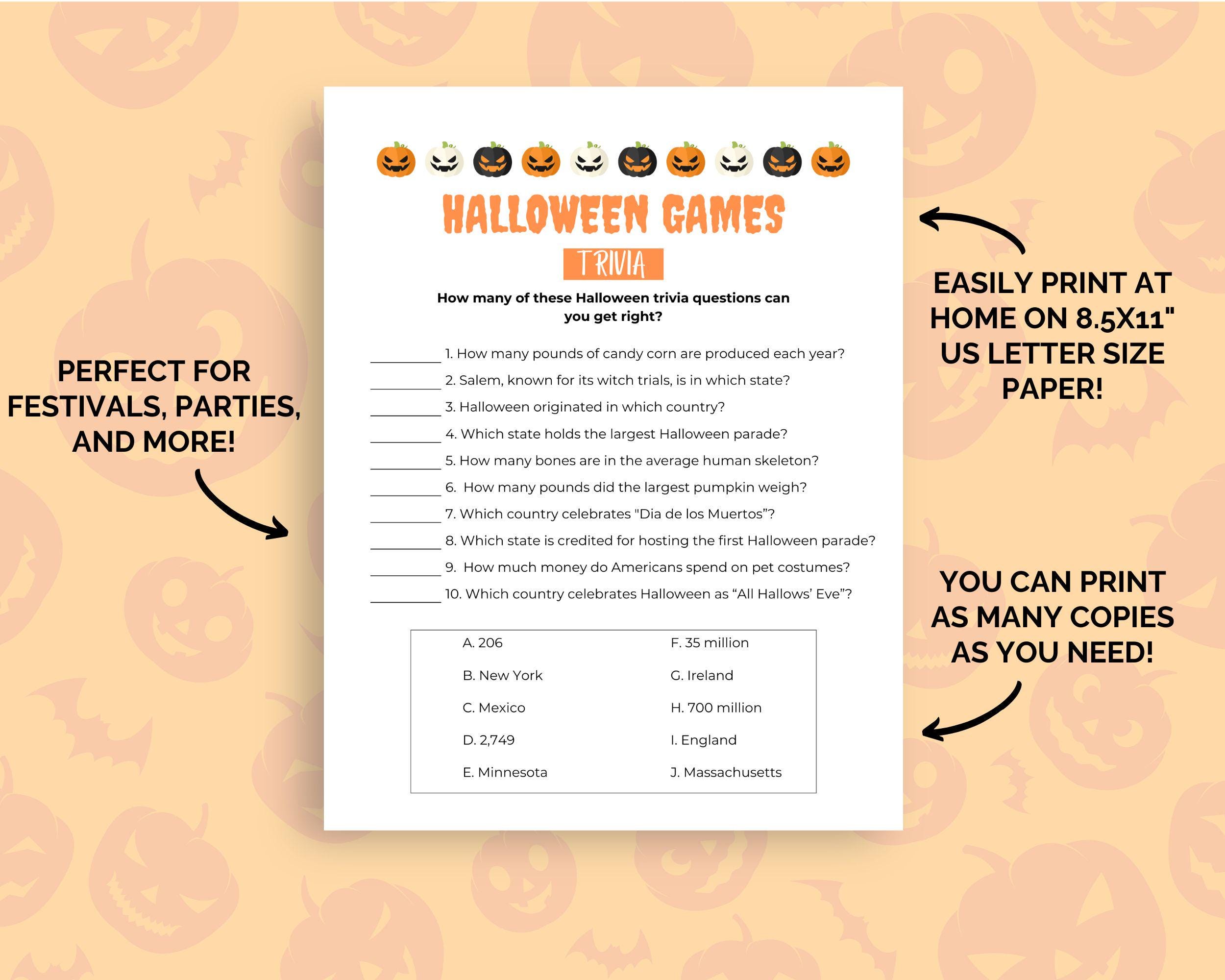 Halloween Trivia Game, Printable Halloween Trivia Activity, Spooky ...