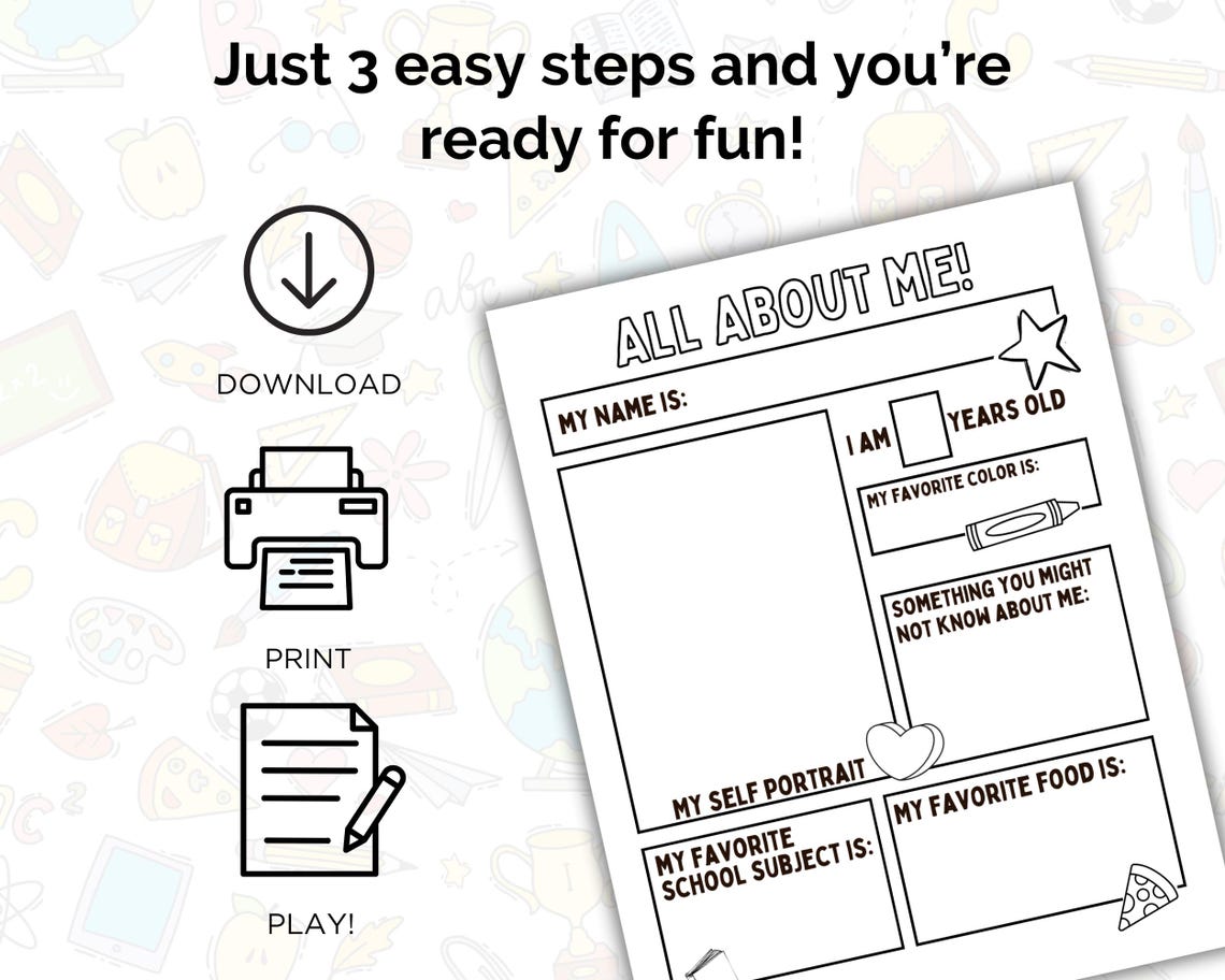 All About Me Printable, All About Me Worksheet, Back to School, Get to ...