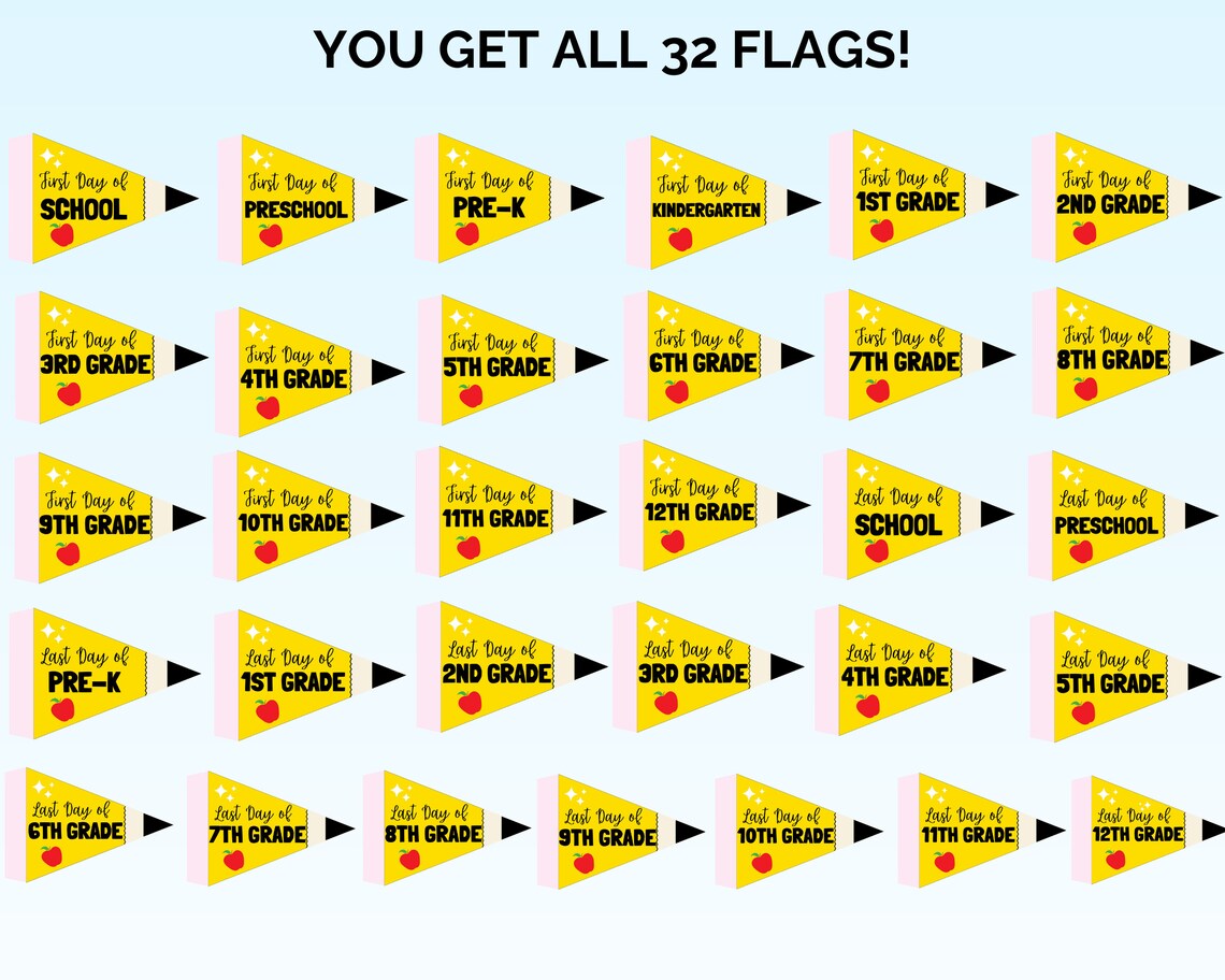First Day of School Pennant Flags, Printable Back to School Flags, 1st ...