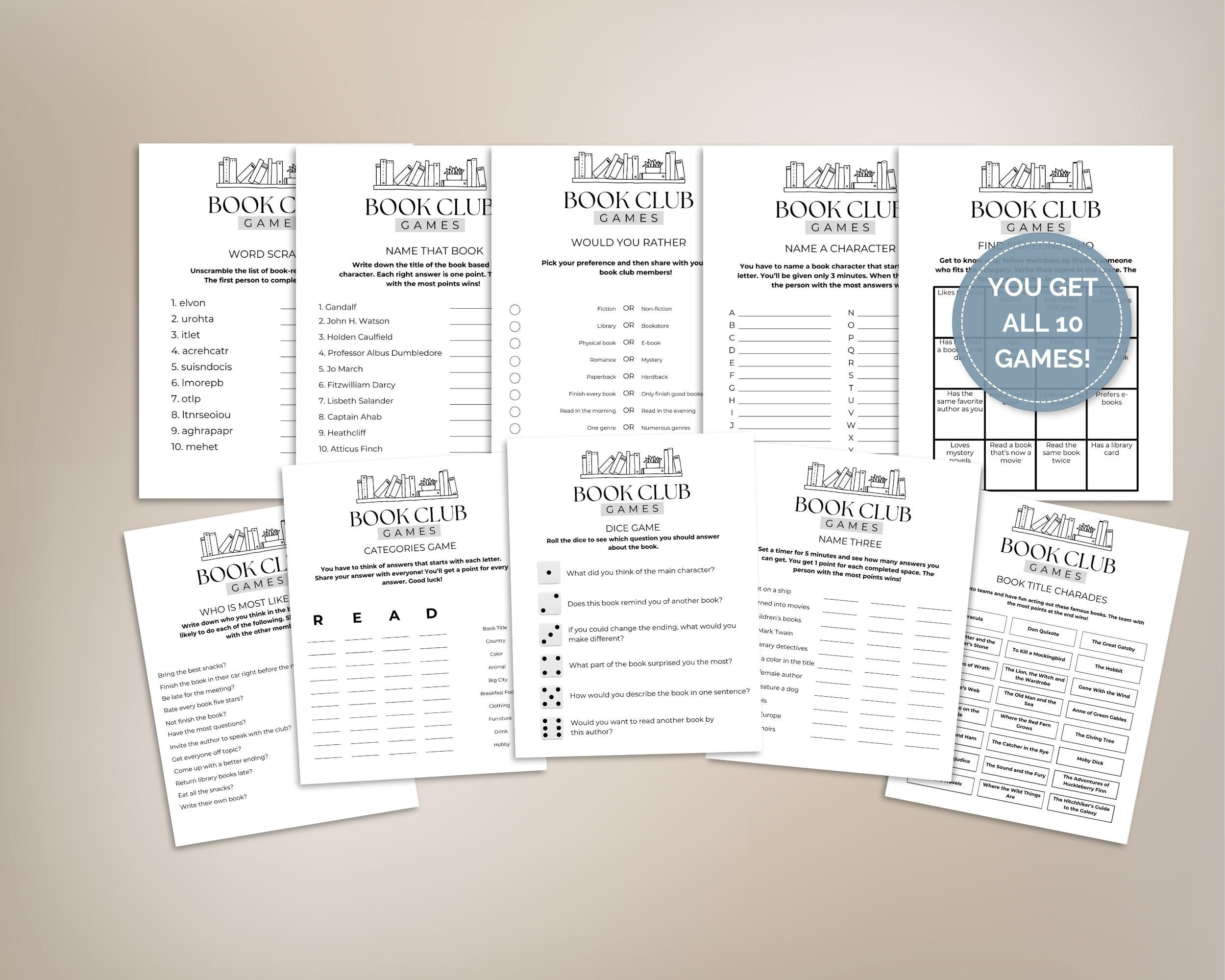 Book Club Games, Book Club Icebreakers, Book Club Activities, Printable ...