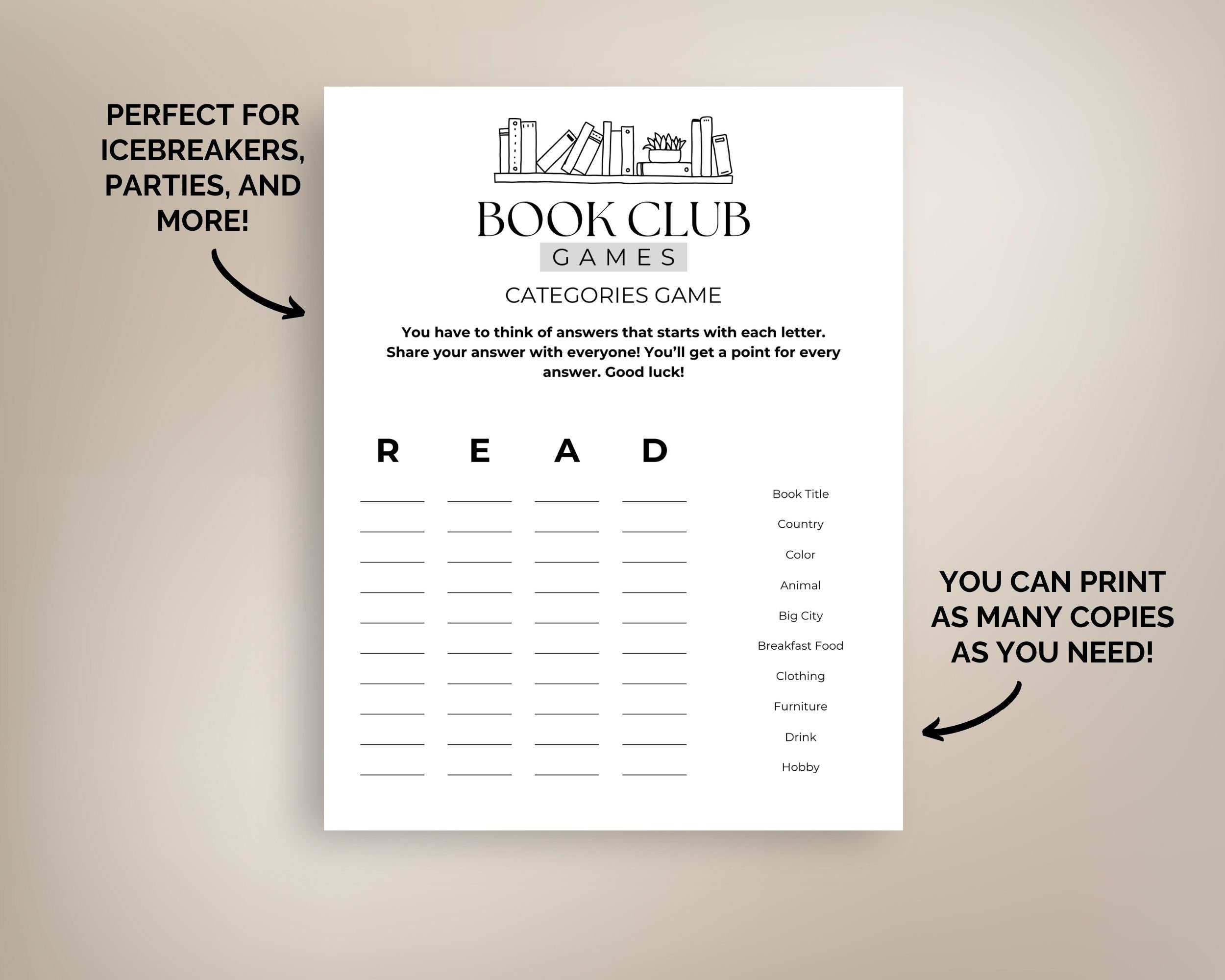 Book Club Games, Book Club Icebreakers, Book Club Activities, Printable ...