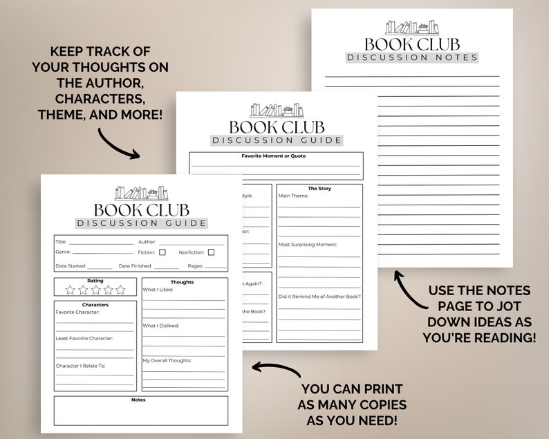 Book Club Discussion Guide, Book Review Guide, Book Club Printable ...