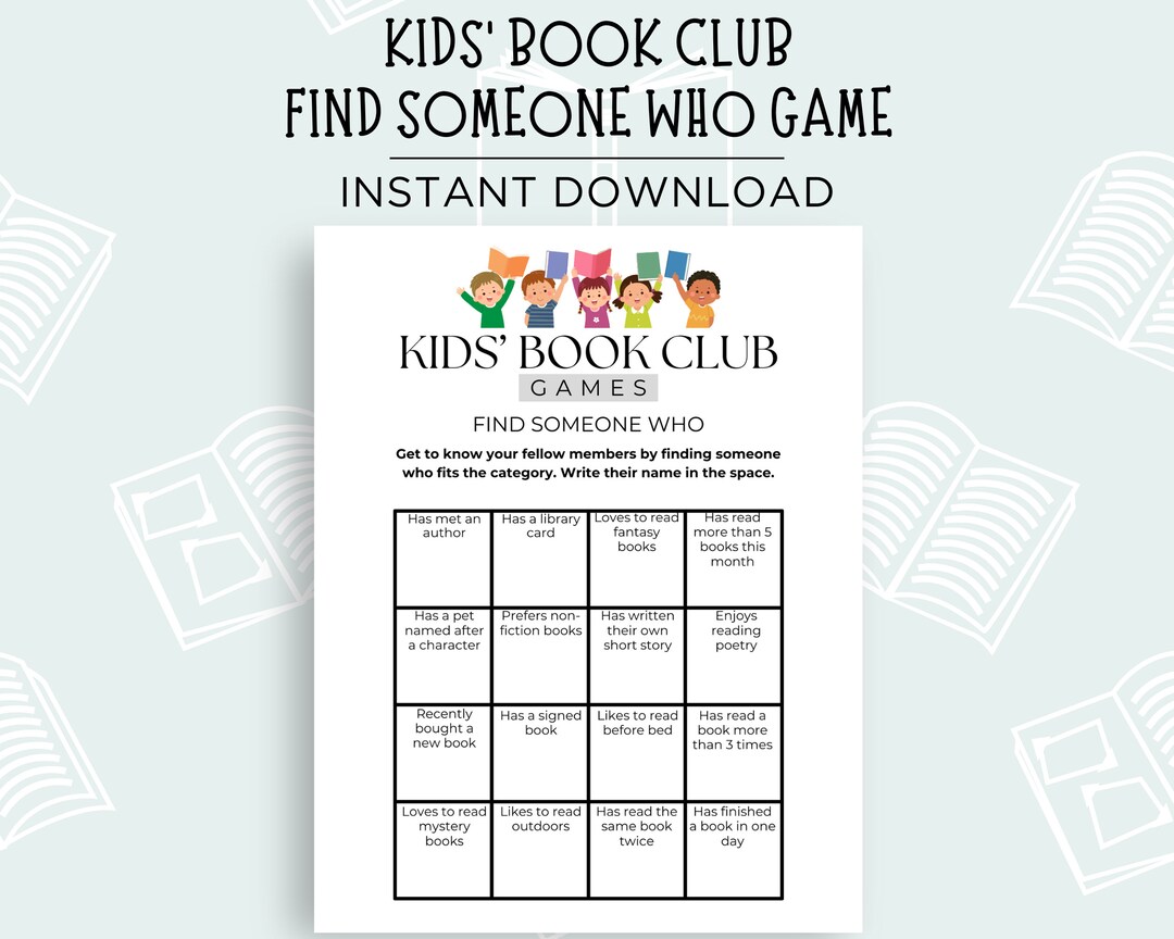 Kids Book Club Find Someone Who Game, Kids Book Club Icebreaker Game ...