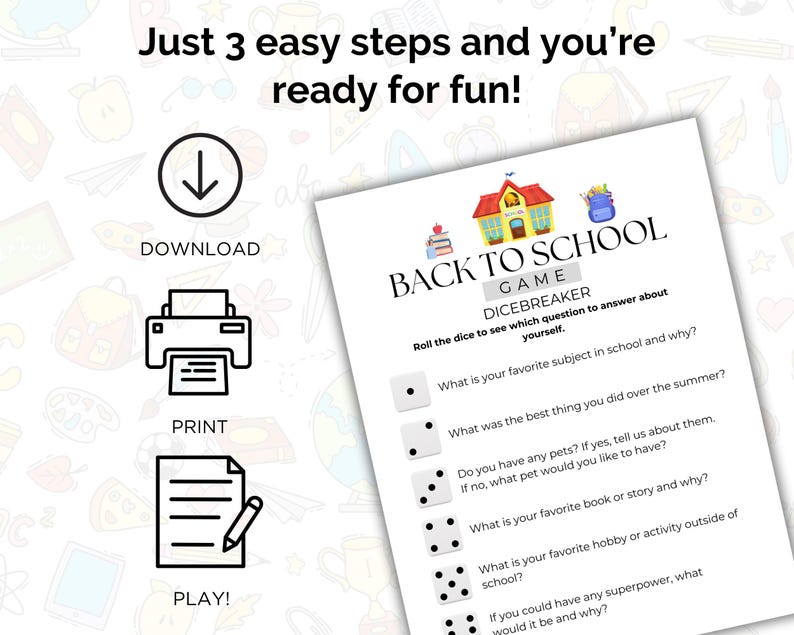 Back to School Dicebreaker Game, Back to School Dice Game, Back to ...