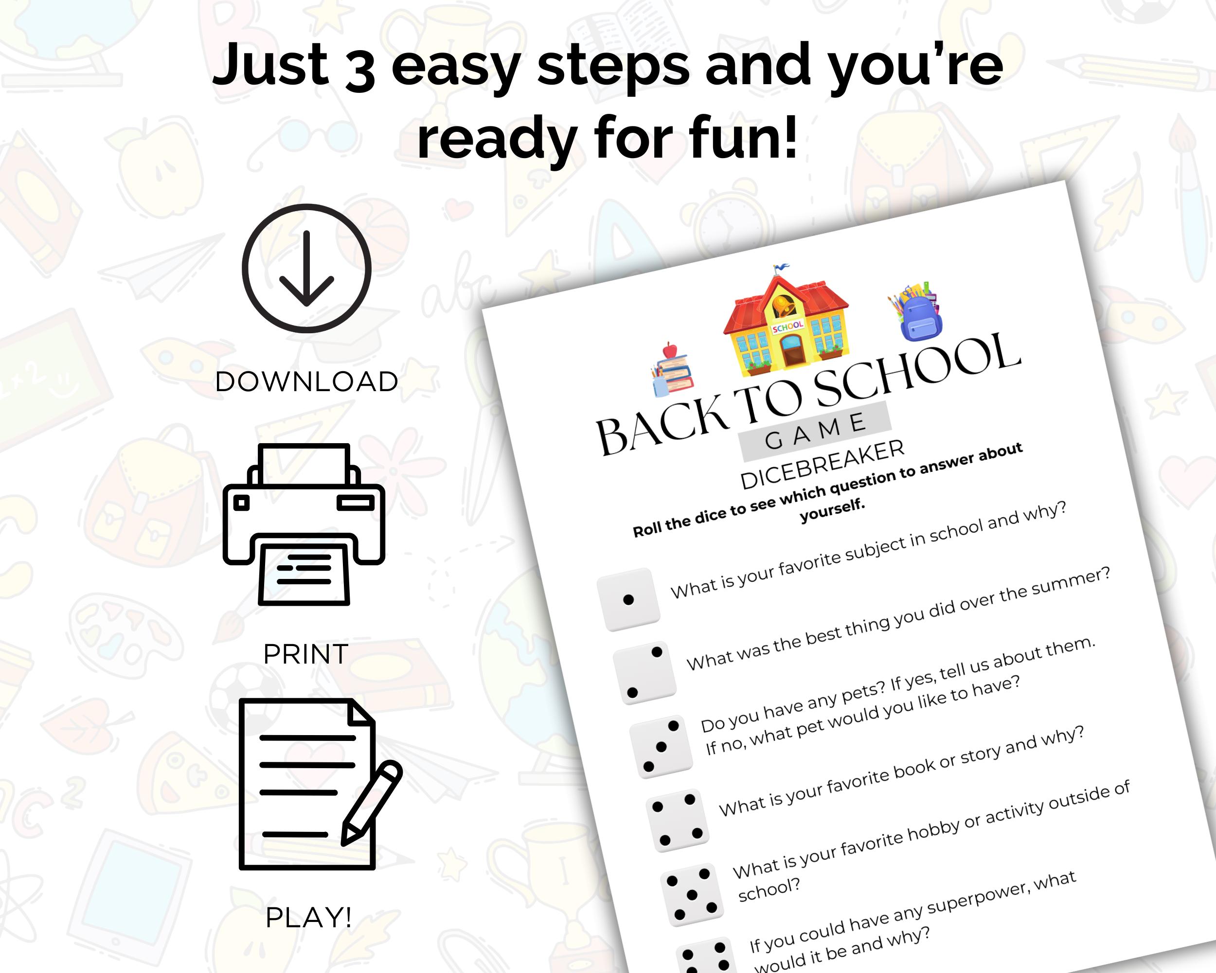 Back to School Dicebreaker Game, Back to School Dice Game, Back to ...