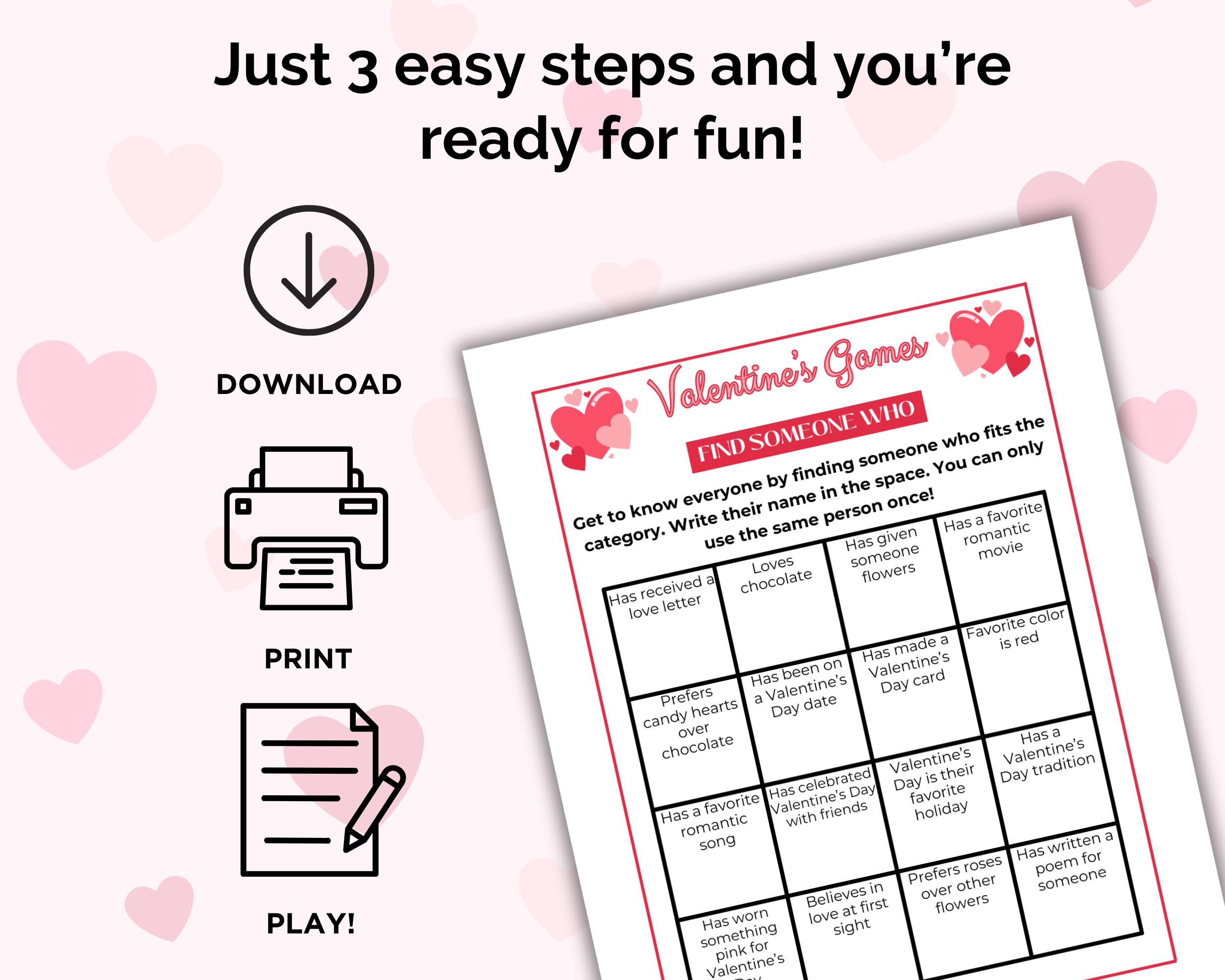 Valentine's Day Find Someone Who Game, Valentines Day Games, Valentines ...