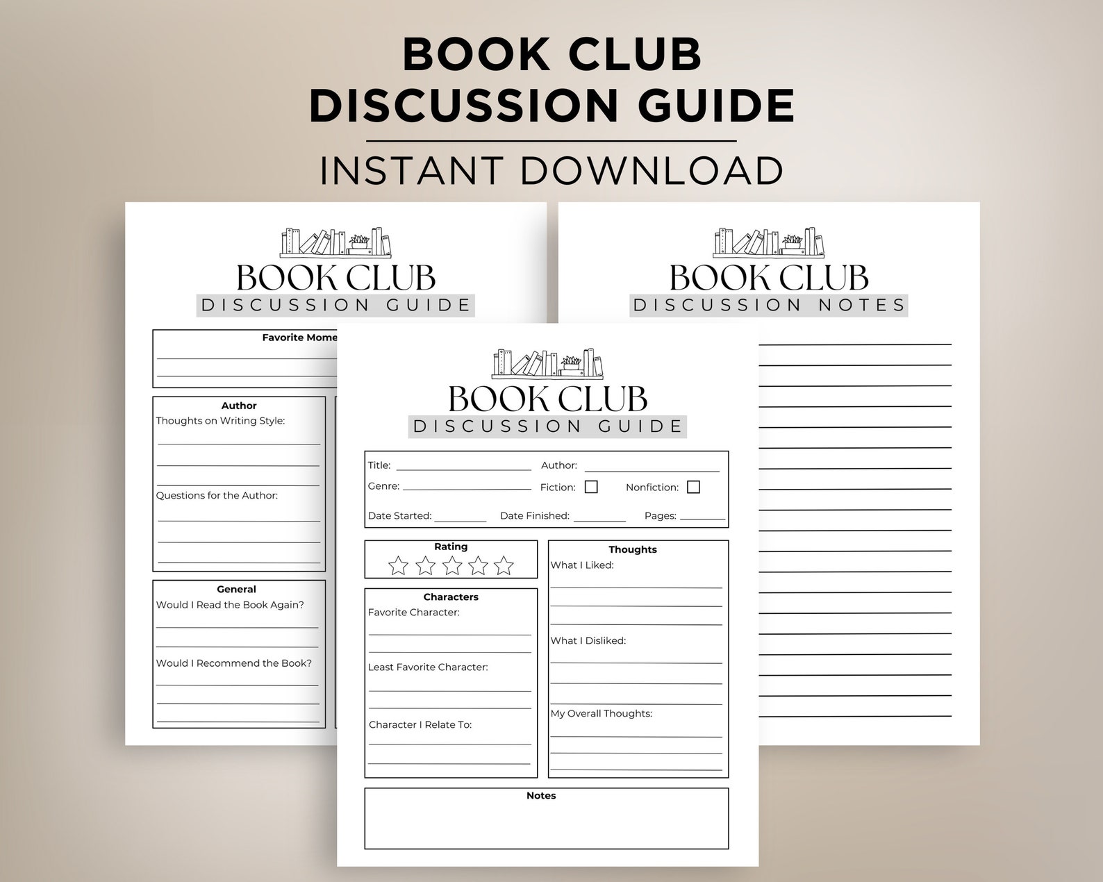 Book Club Discussion Guide, Book Review Guide, Book Club Printable ...