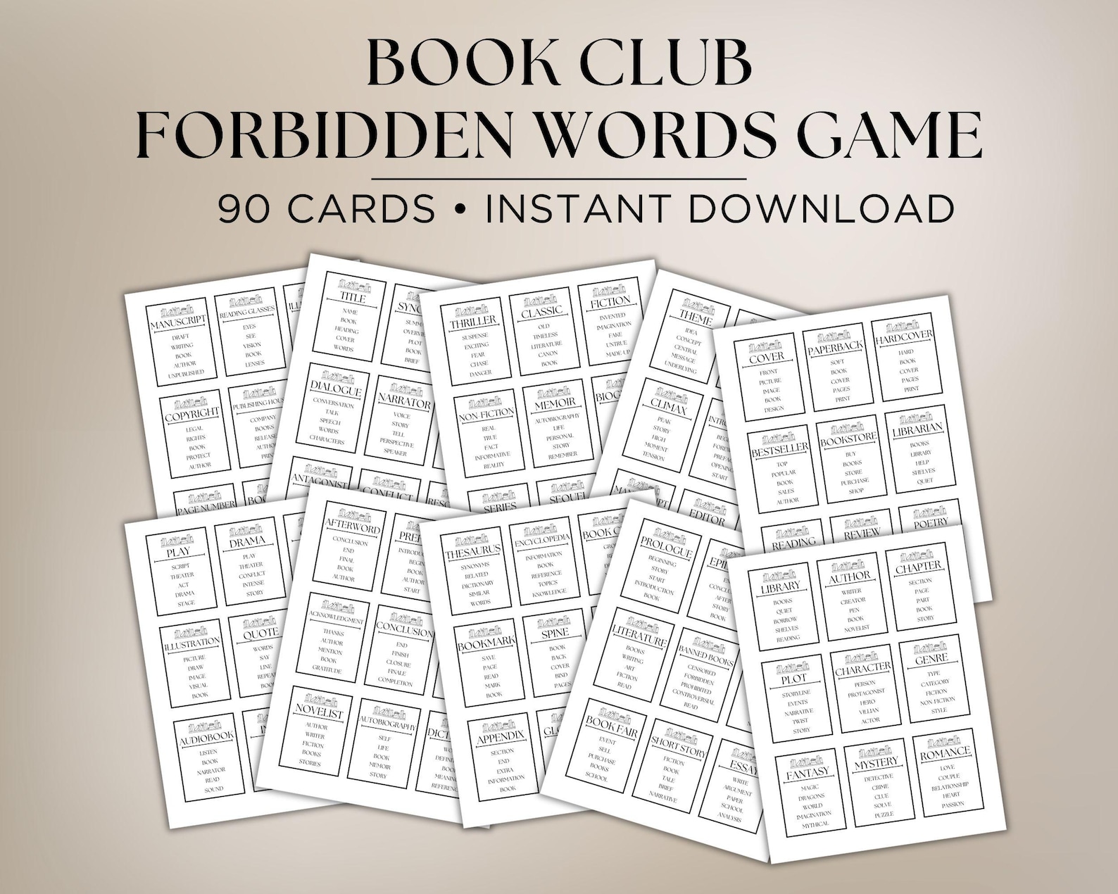 Book Club Forbidden Words Game, Guess the Word Game, Printable Book ...
