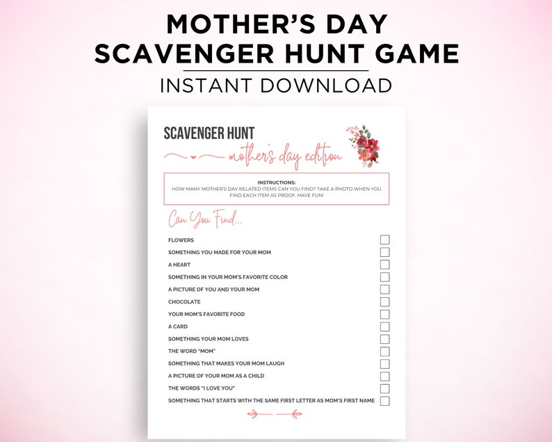 Mother's Day Scavenger Hunt Game, Mother's Day Treasure Hunt, Mother's ...