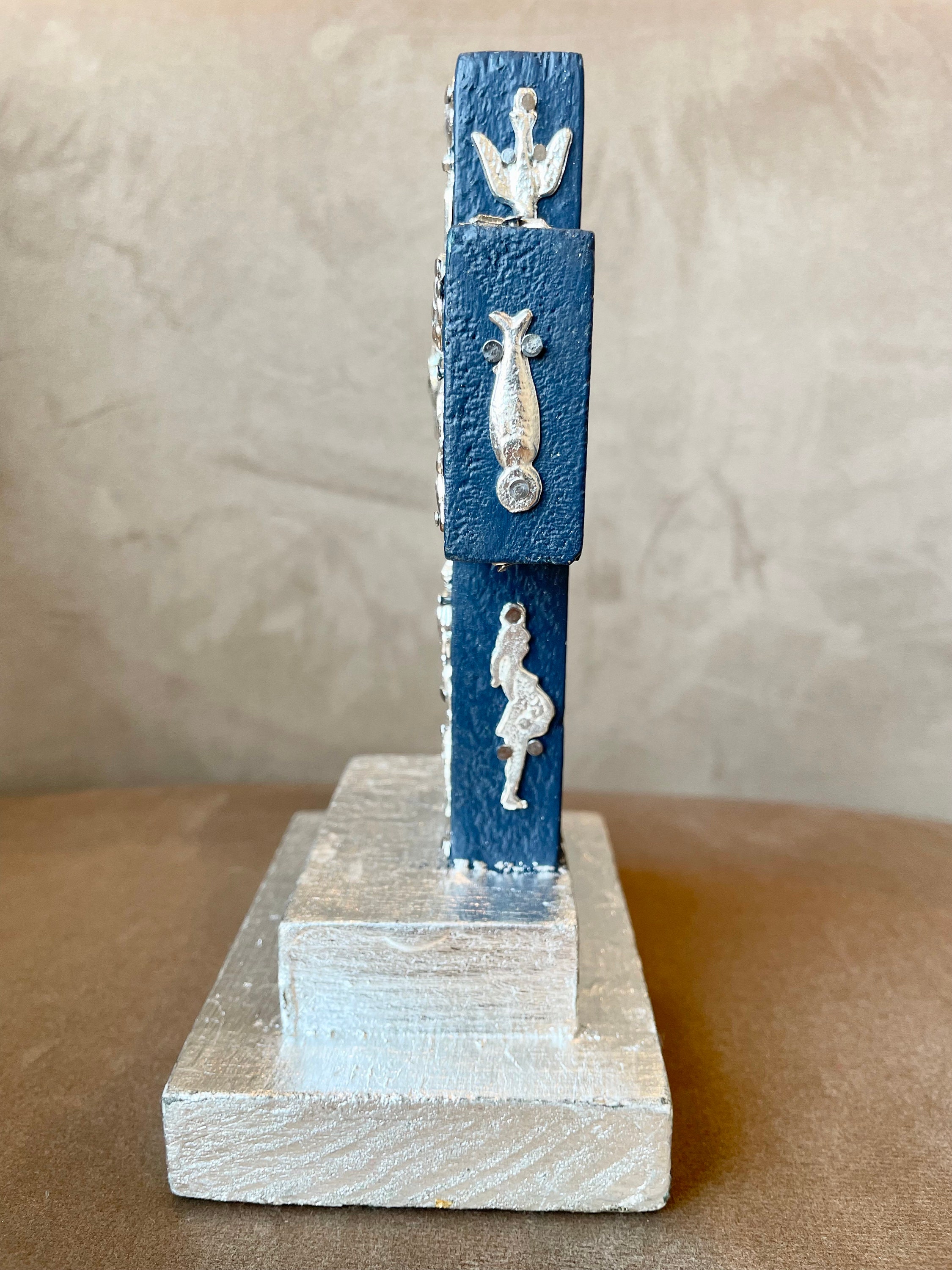 Wood Cross With Milagros, Small Wood Cross With Base, Mexican Charms ...