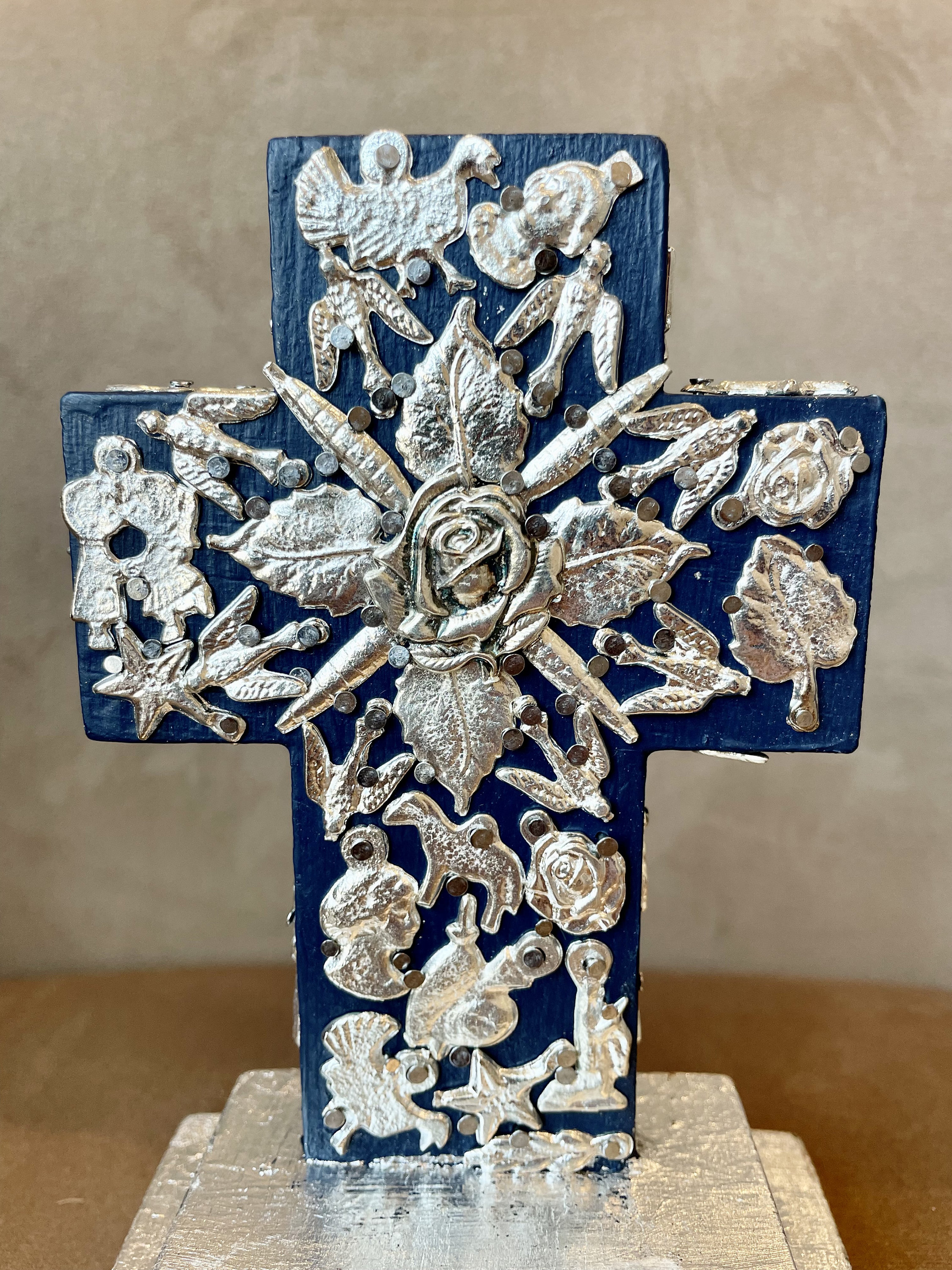 Wood Cross With Milagros, Small Wood Cross With Base, Mexican Charms ...