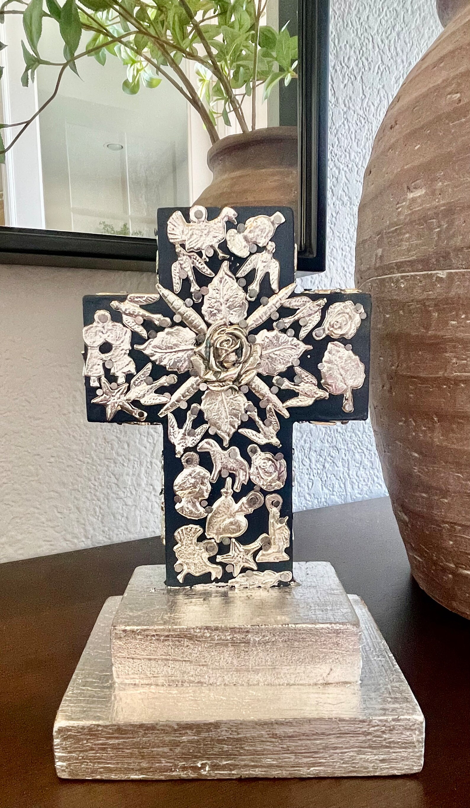 Wood Cross With Milagros, Small Wood Cross With Base, Mexican Charms ...