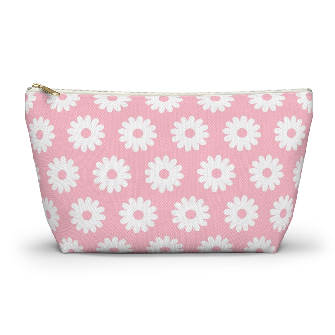 Girly Pink Daisy Print Cosmetic Bag cute Travel Makeup Organizer White ...