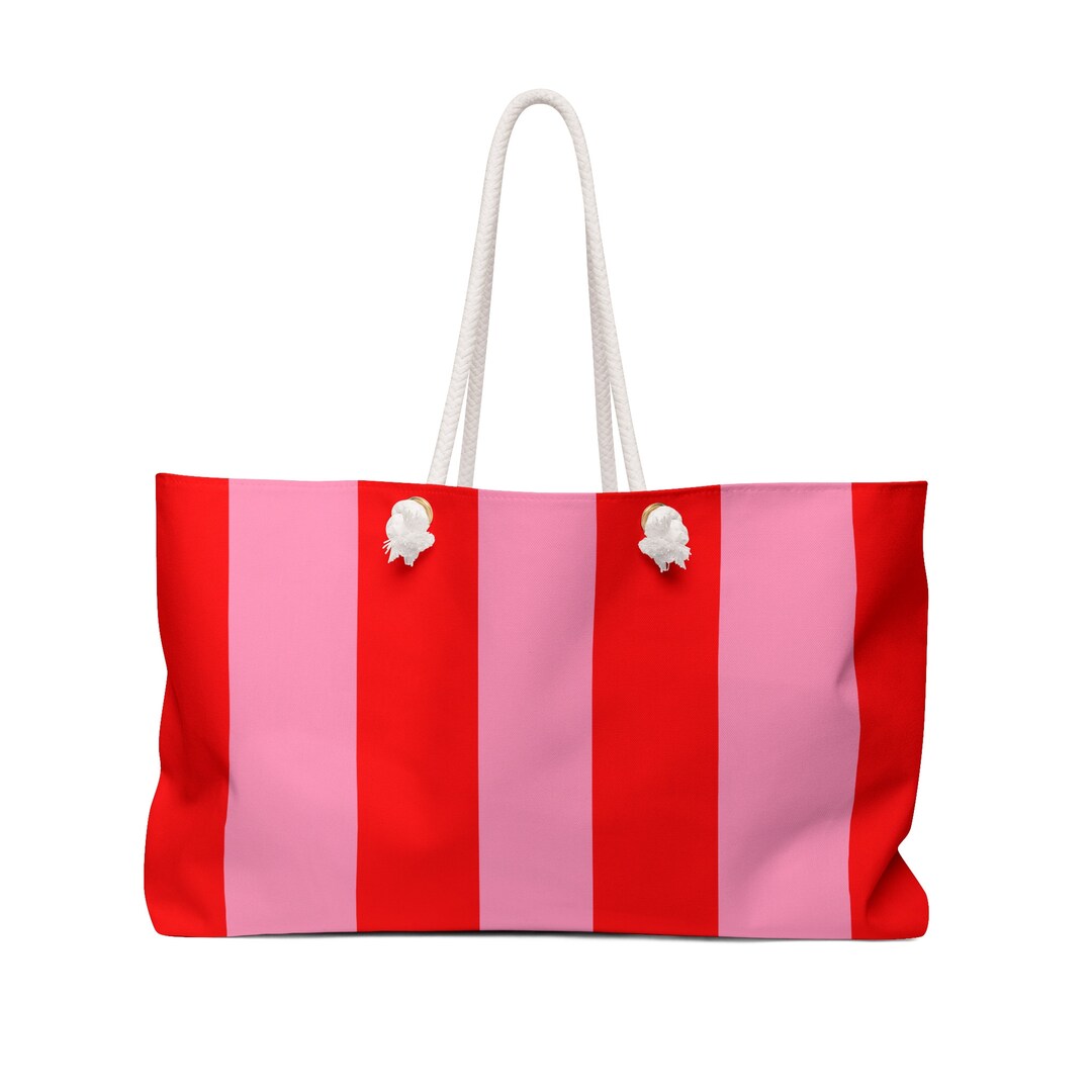 Vibrant Pink and Orange Beach Bag Trendy Weekender Tote With Stripes ...