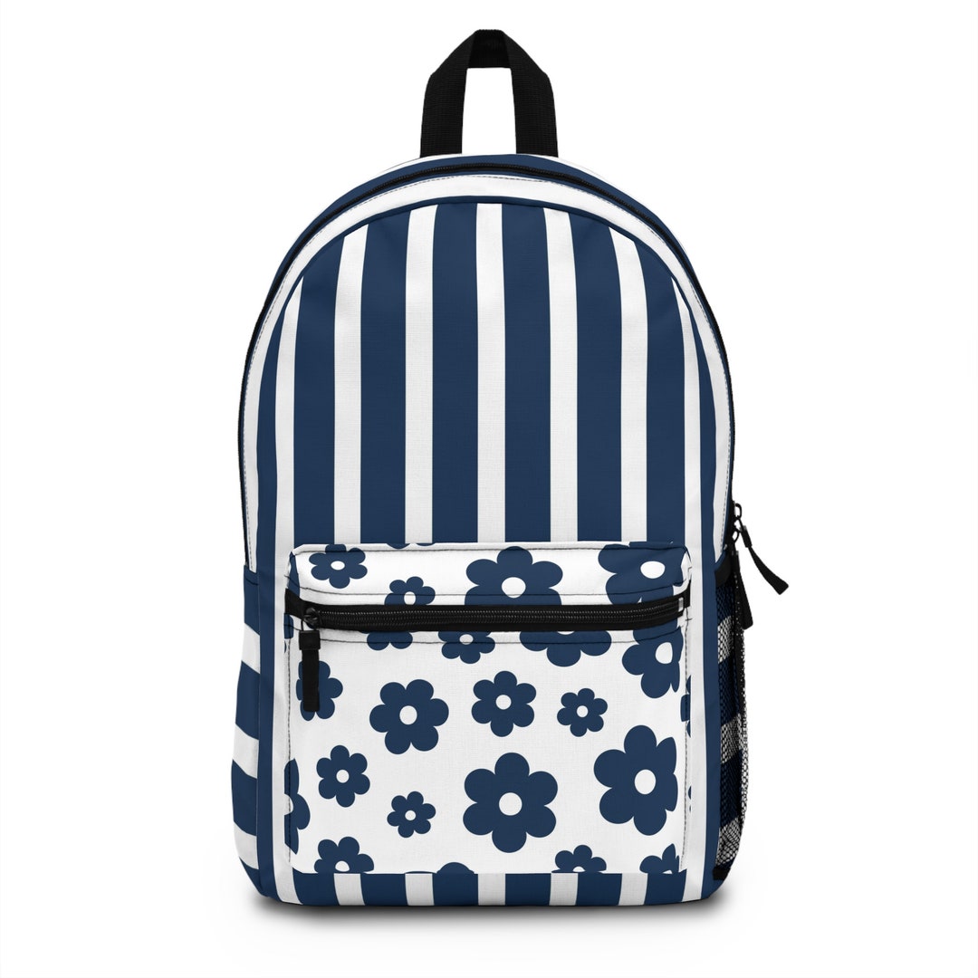 Blue and White Stripe Backpack With Daisy Print Front Pocket, Stylish ...