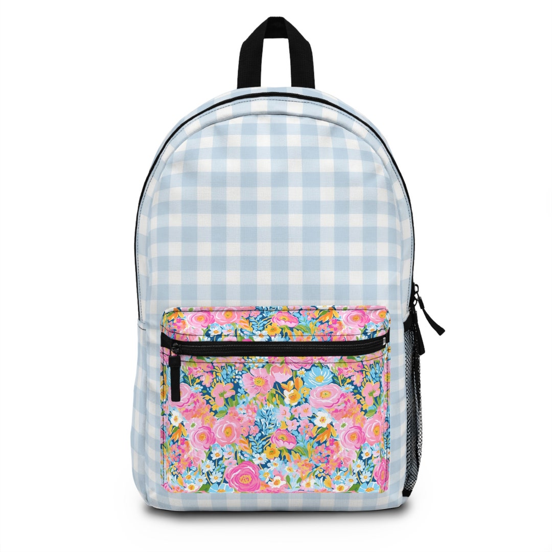 Blue Gingham Backpack With a Pink Floral Design on the Front Pocket ...