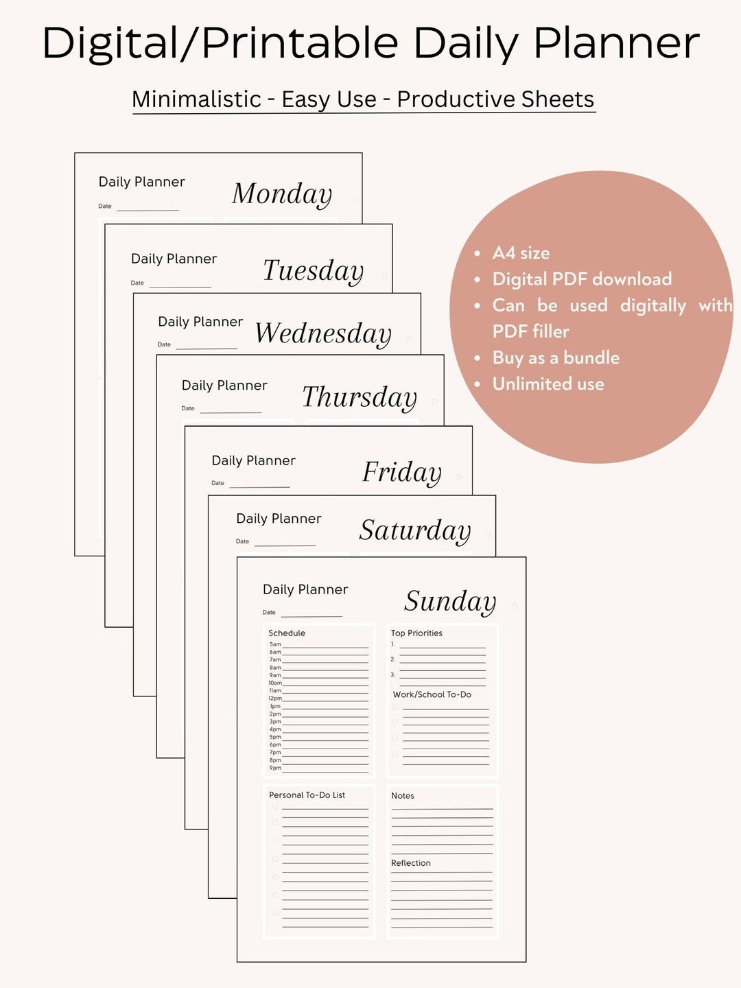 Daily Planner Printable and Fillable PDF Download - Undated Daily ...