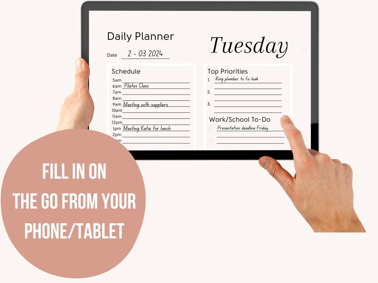 Daily Planner Printable and Fillable PDF Download - Undated Daily ...