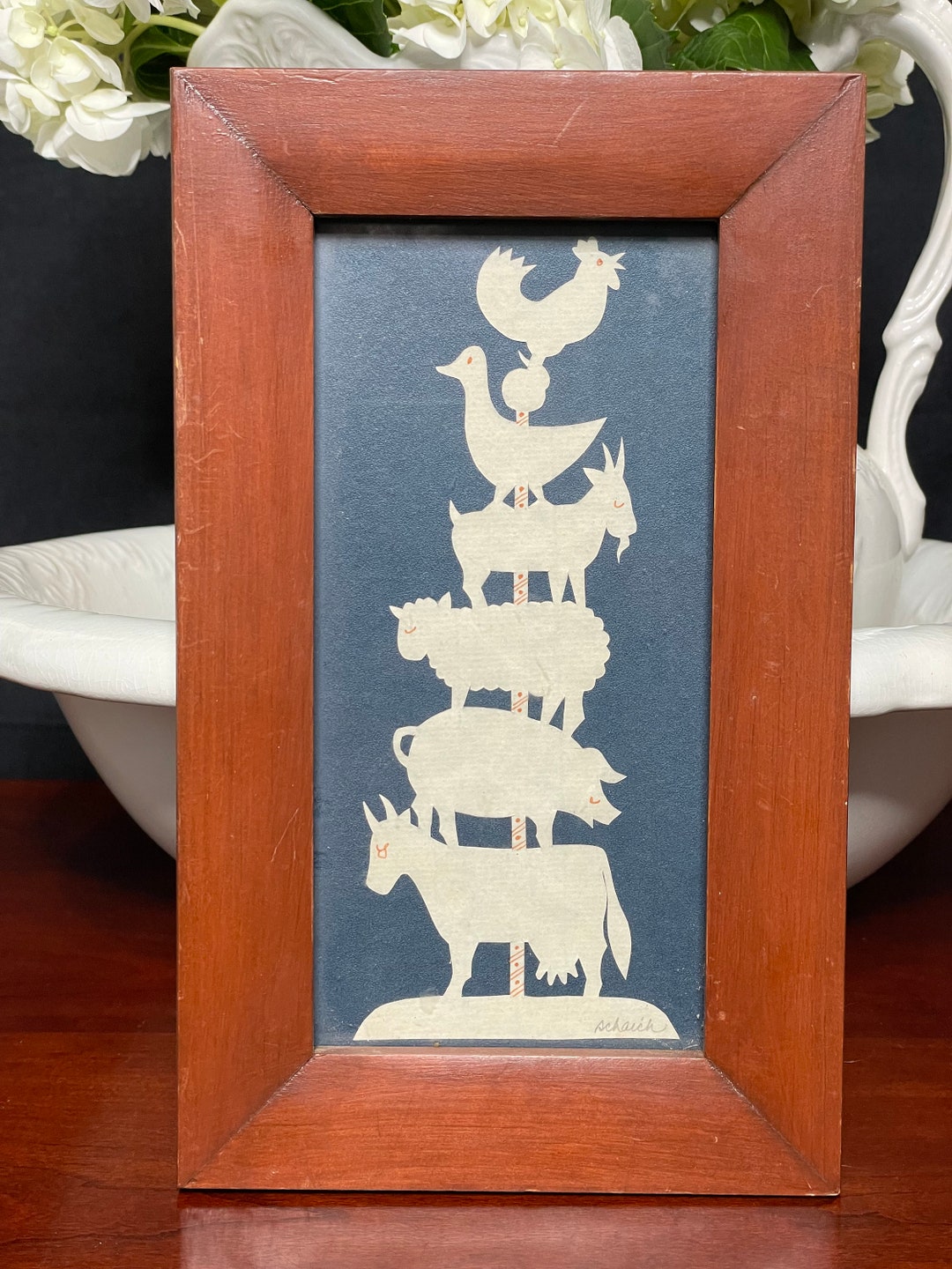 Vintage Framed Sharon Schaich Stacked White Paper Scissor Art With Farm ...