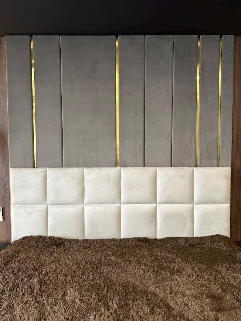 Custom Velvet Upholstered Wall Panels – Gold Accent Headboard - Etsy