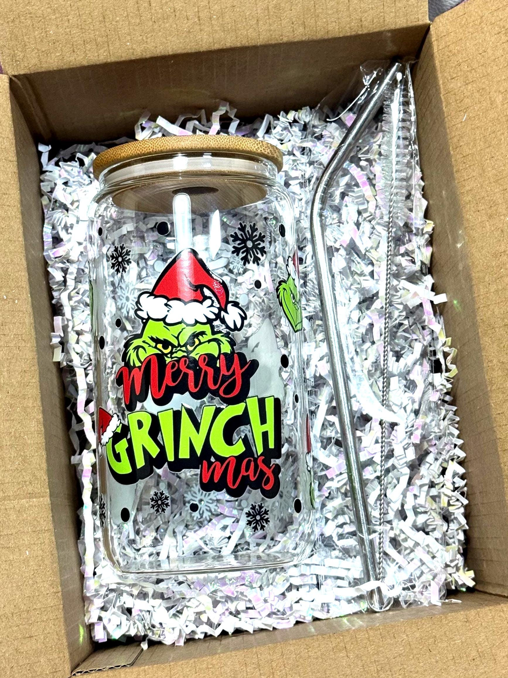 Grinch 16 Oz Clear Glass Cup With Bamboo Lid & Metal Straw | Christmas ...