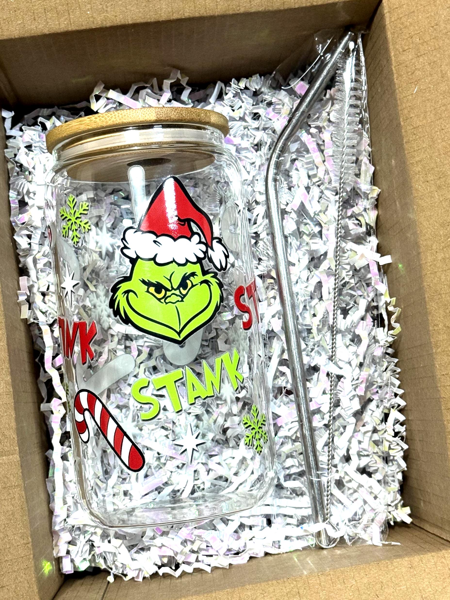 Grinch 16 Oz Clear Glass Cup With Bamboo Lid & Metal Straw | Christmas ...