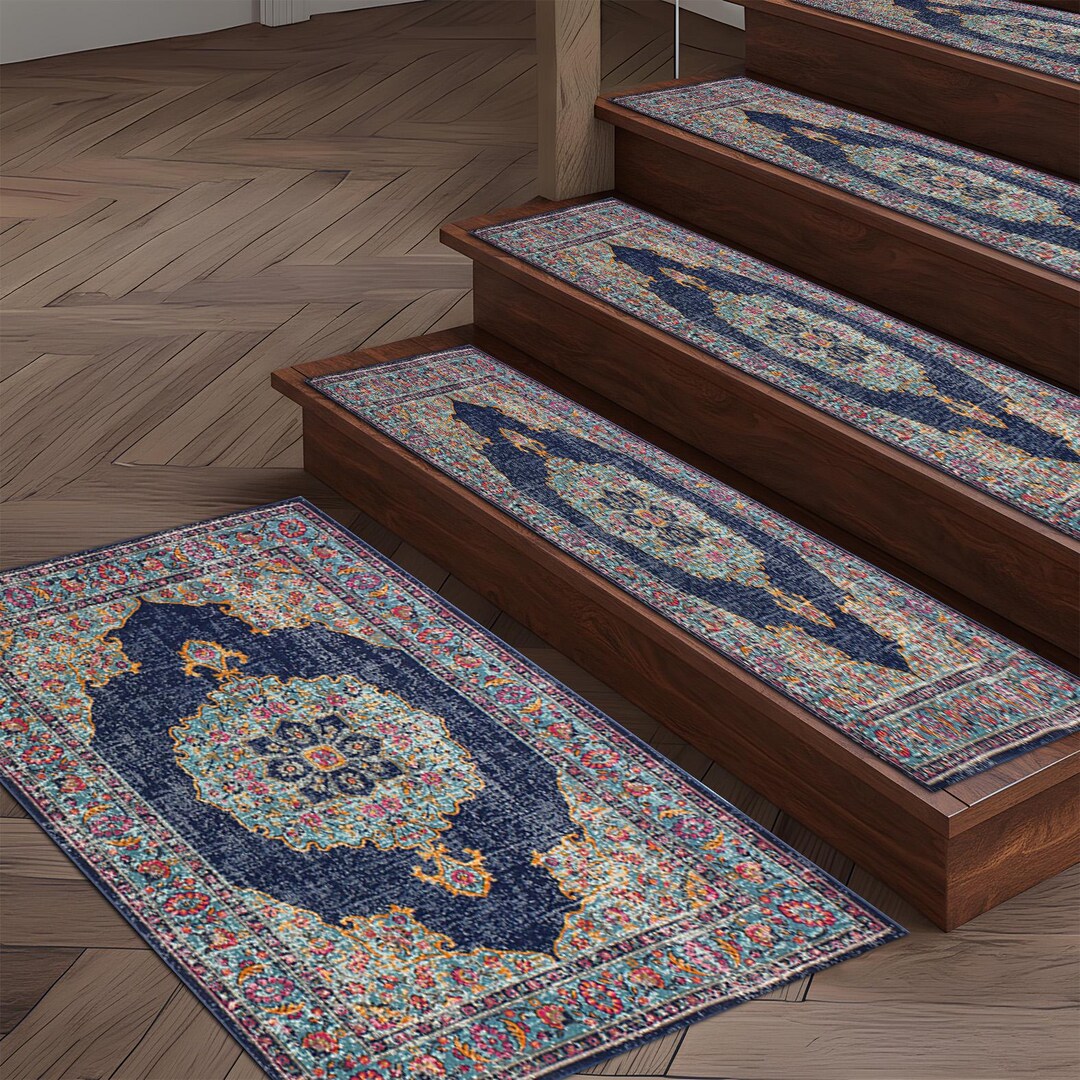 Vintage Indigo Medallion Stair Rug, Antique Deep Blue Step Carpet ...