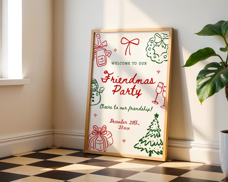 Friendsmas Welcome Sign, Editable Canva Template, Christmas Party ...