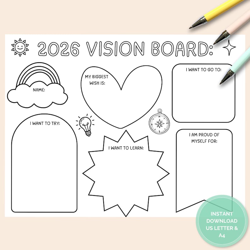 Printable Kids Vision Board 2026, Digital Download Coloring Activity ...