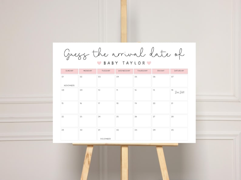 Baby Shower Due Date Calendar Printable Game, Baby Arrival Prediction ...