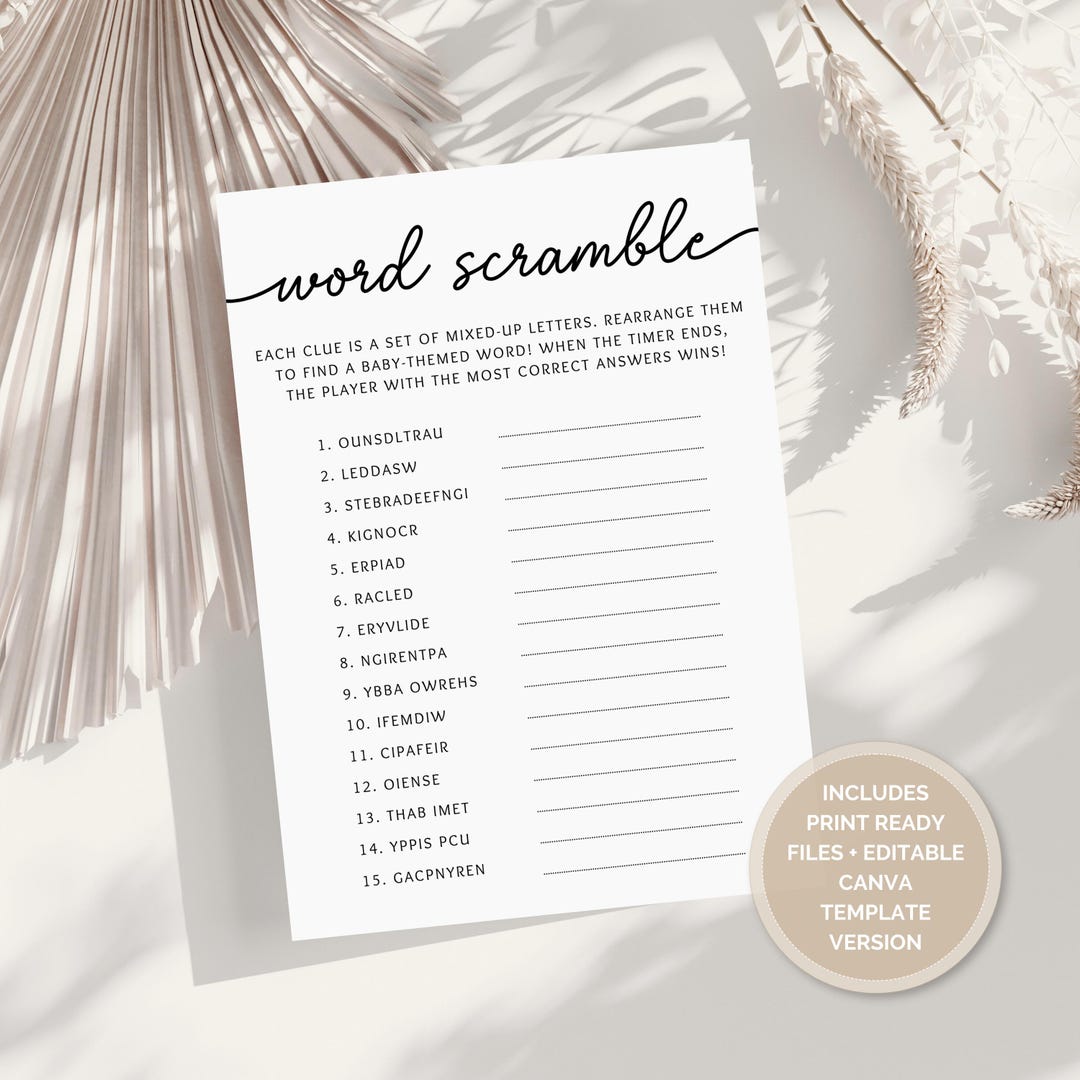 Baby Word Scramble Card Editable Canva Template, Printable Baby Shower ...