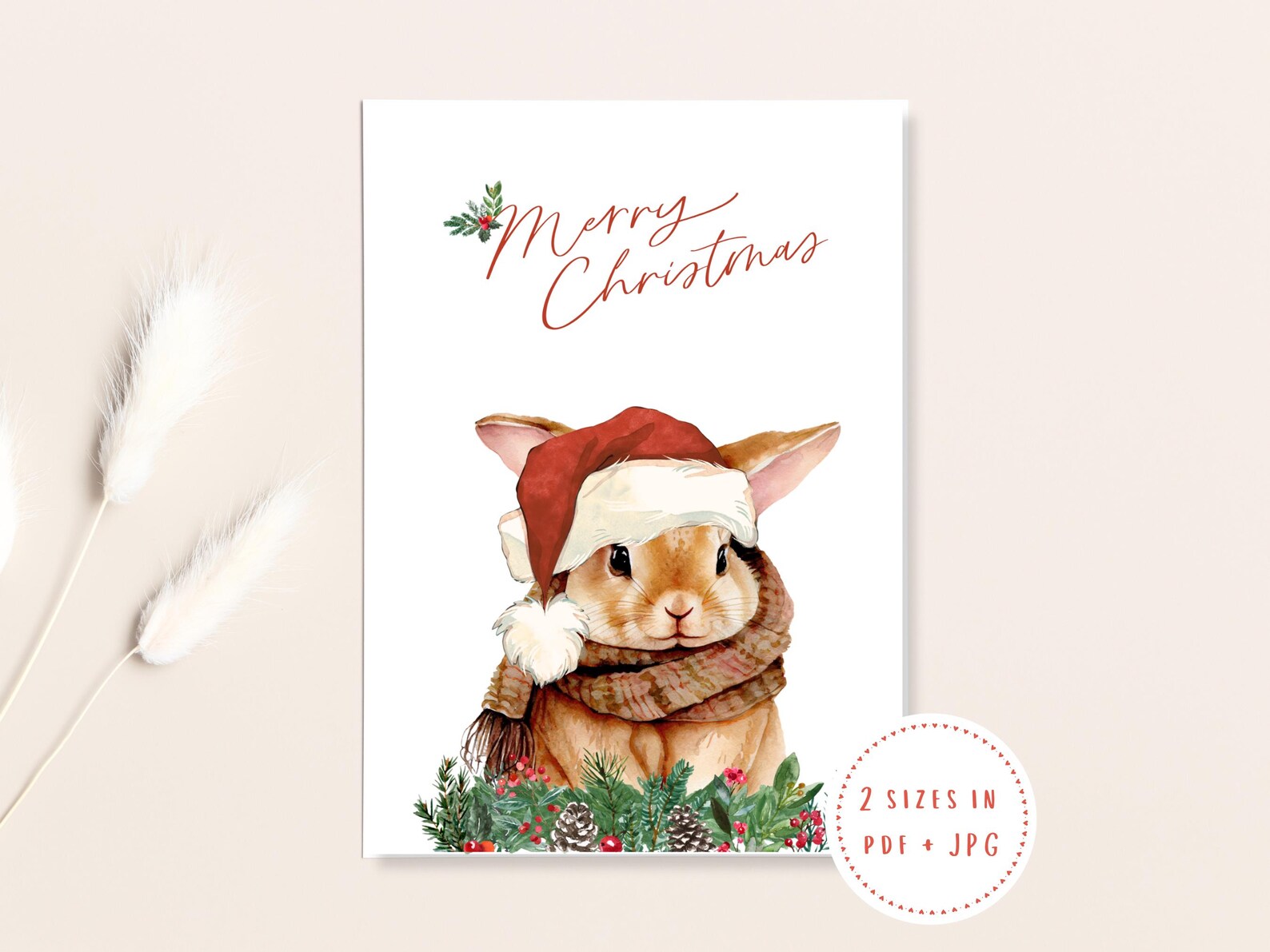 Bunny Rabbit Christmas Card Watercolor Christmas Card Printable ...
