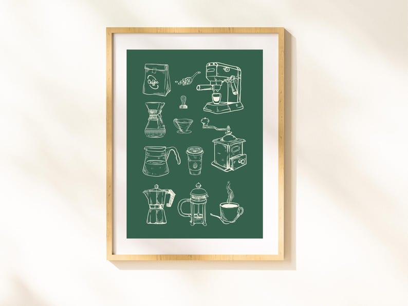Coffee Wall Art Printable Coffee Lover Gift Green Kitchen Print Retro ...