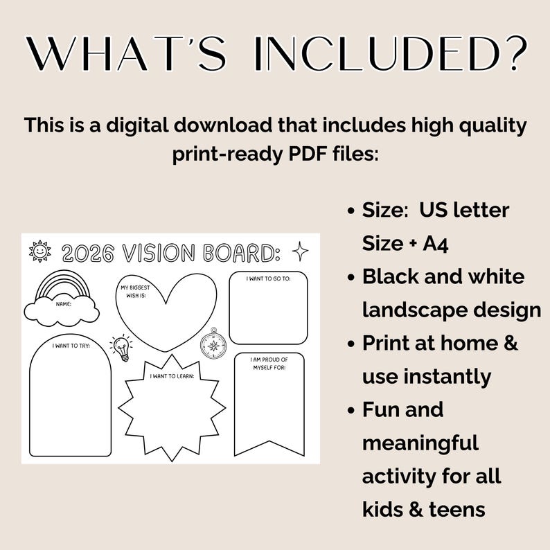 Printable Kids Vision Board 2026, Digital Download Coloring Activity ...